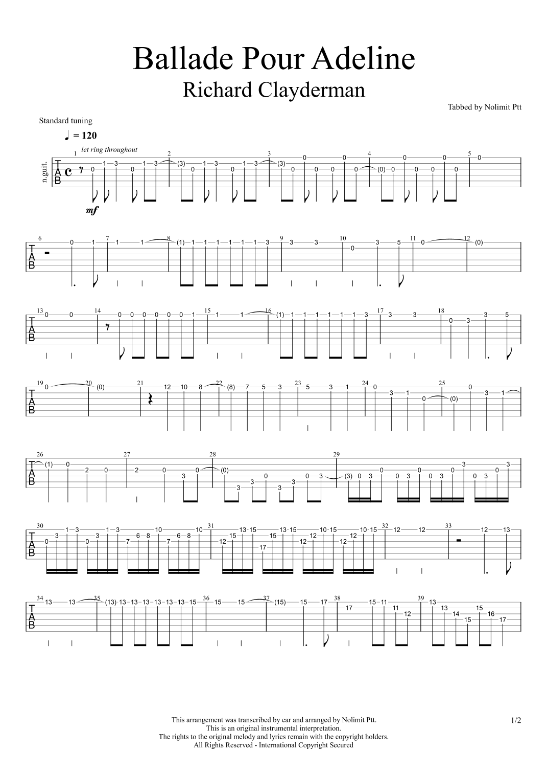 Ballade Pour Adeline (arr. Righty) by Rïchard Clayderman Sheet Music ...