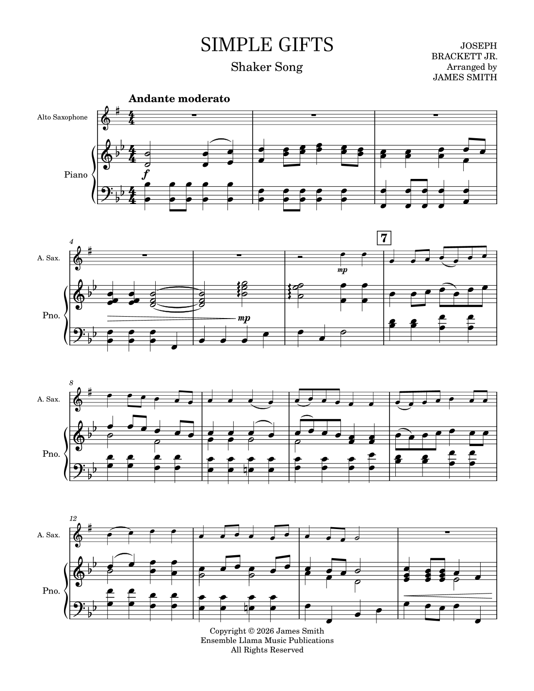 Simple Gifts - Arranged for Alto Sax Solo & Piano Accompaniment (arr ...