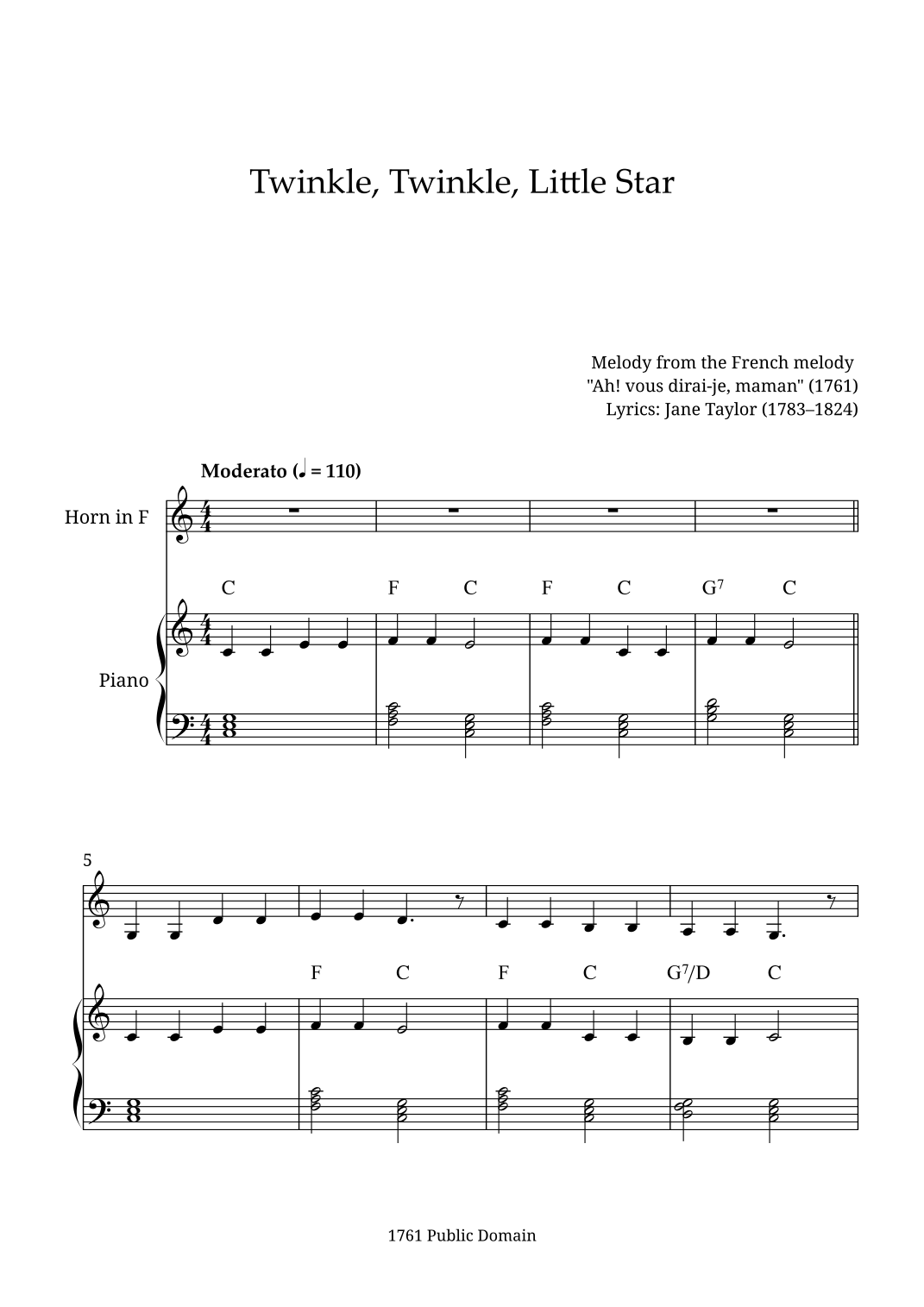 Twinkle, Twinkle, Little Star – F Horn and Piano (C major, with Chord ...