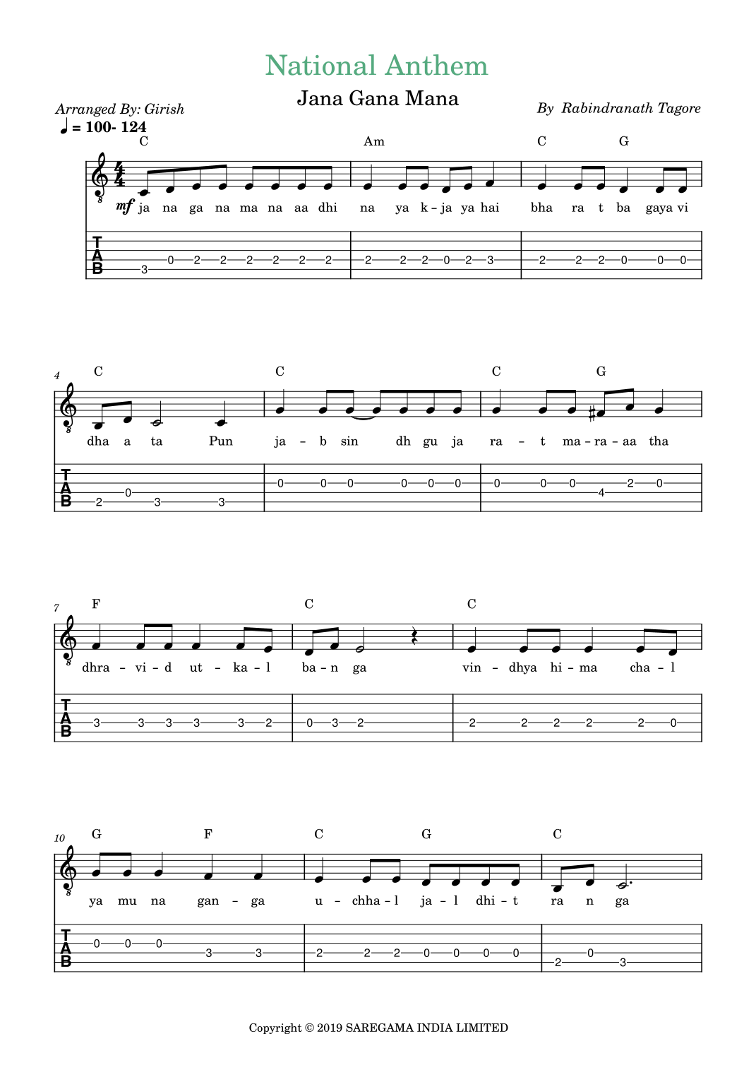 Jana Gana Mana(Hindi) (arr. Girish Kataria) by Rabindranath Tagore ...