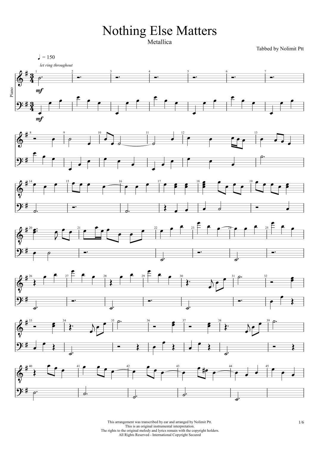 Nothing Else Matters (arr. Nolimit Ptt) by Metallica Sheet Music for ...