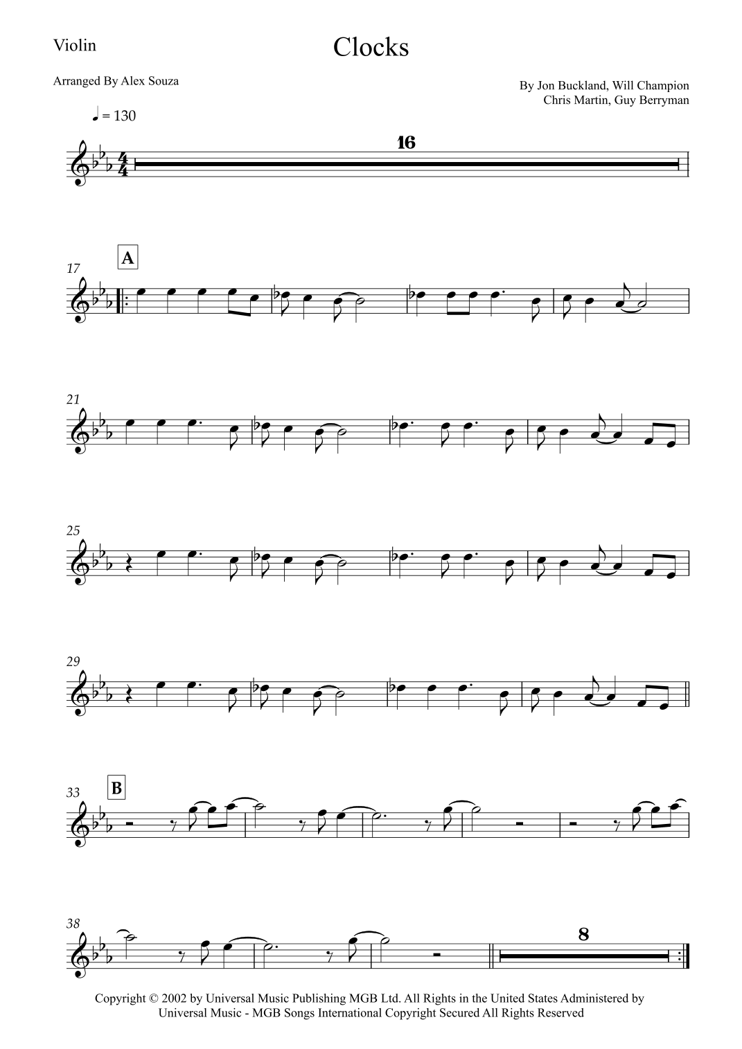 Clocks (arr. Alex Souza by Coldplay Sheet Music for Violin Solo at ...