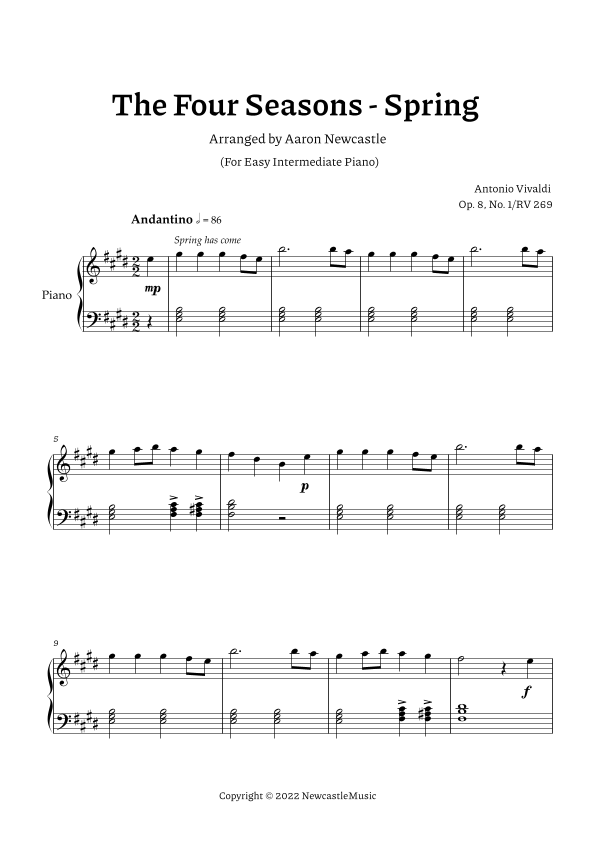 Vivaldi, Spring (The Four Seasons) — Easy Intermediate Piano (arr ...