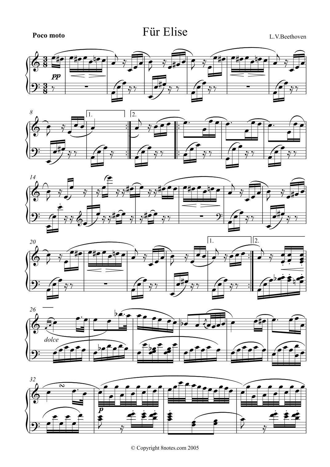 Fur Elise (arr. Bethoven) by Beethoven Sheet Music for Piano Solo at ...