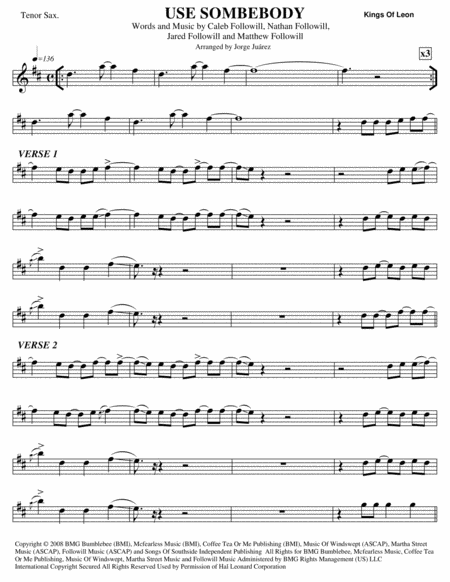 Use Somebody (arr. Jorge Juárez) by Kings Of Leon Sheet Music for Tenor ...