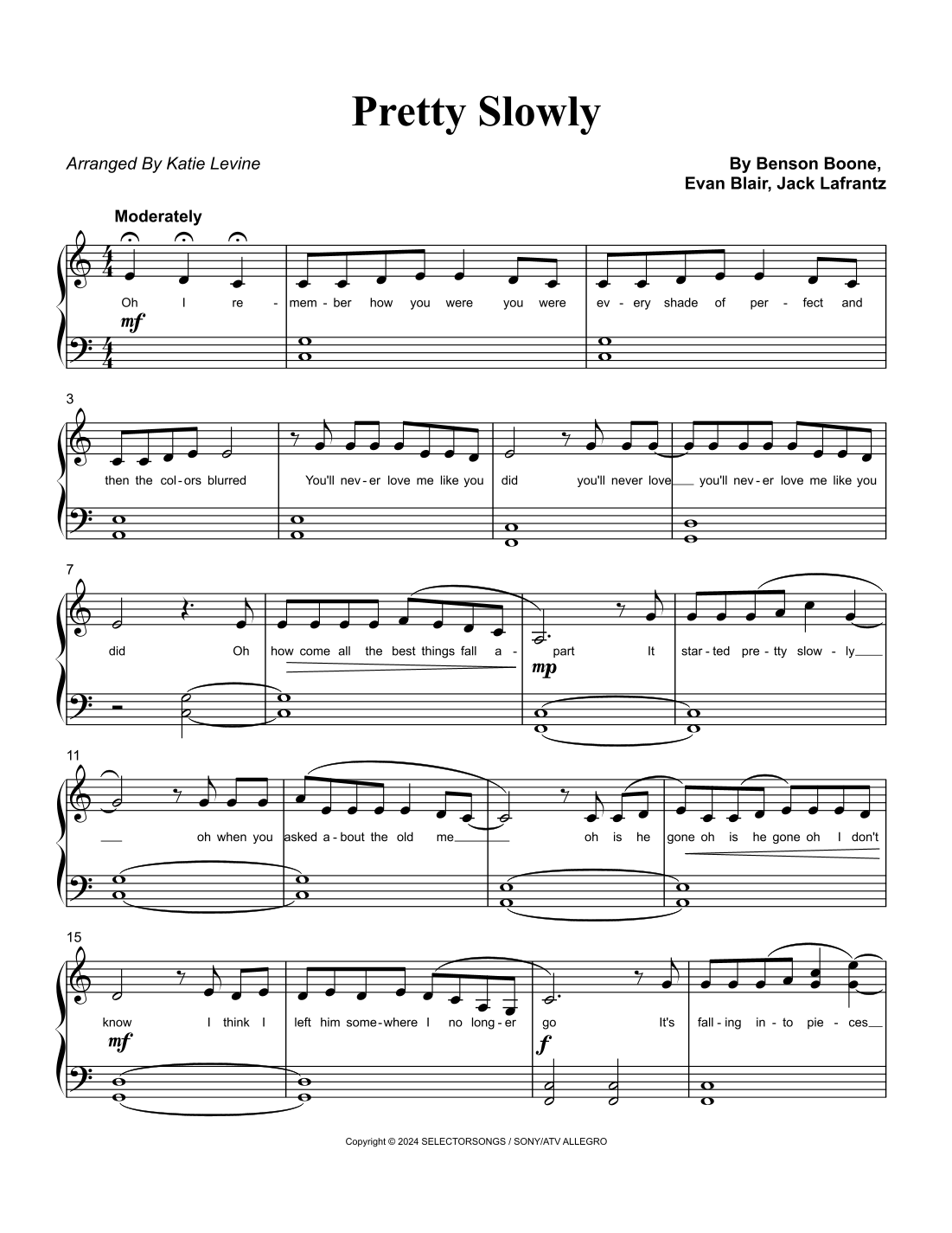 Pretty Slowly (arr. Katie Levine) by Benson Boone Sheet Music for Easy ...