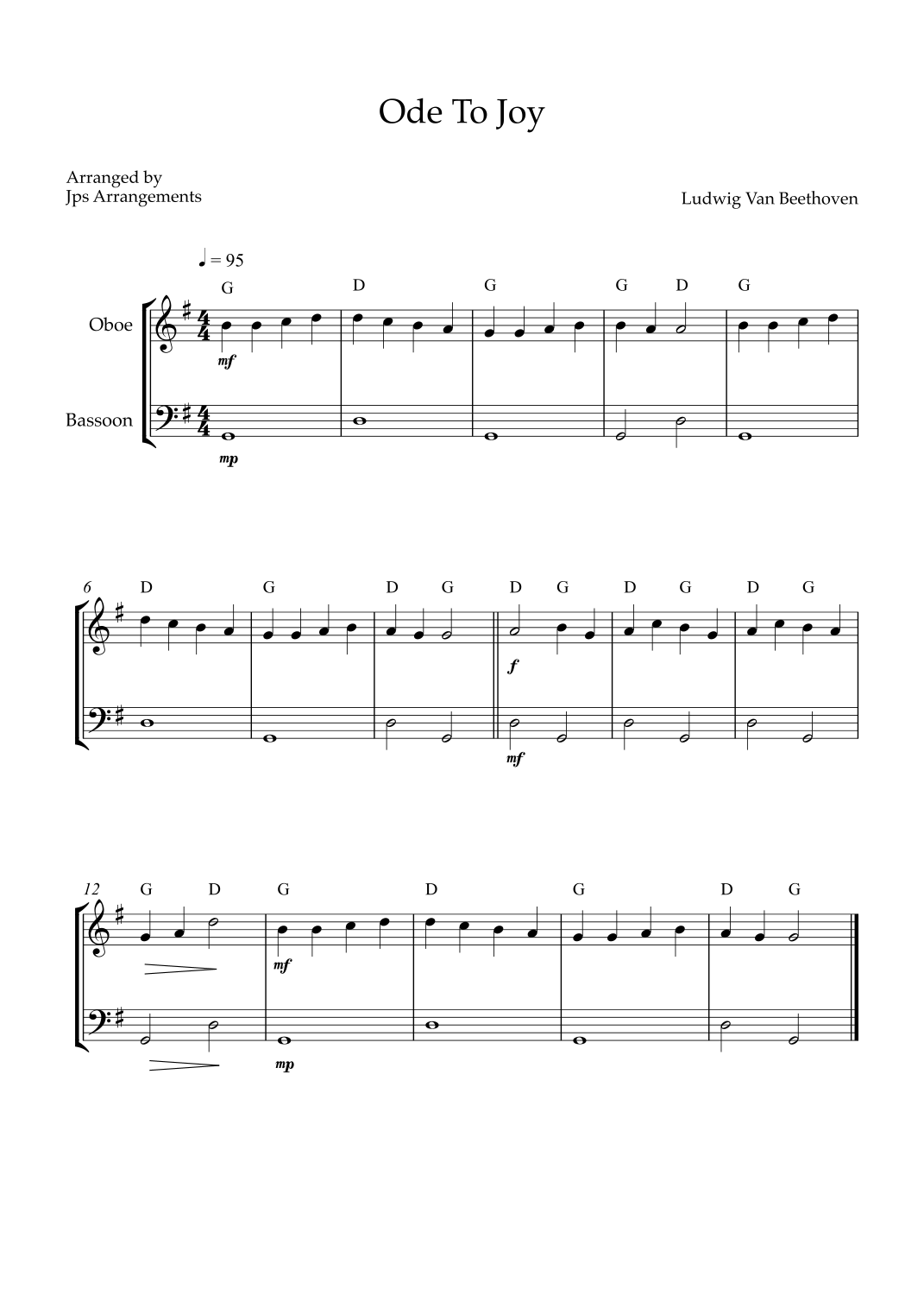 Ode to Joy for Oboe and Bassoon - Key of G (arr. Jps Arrangements) von ...