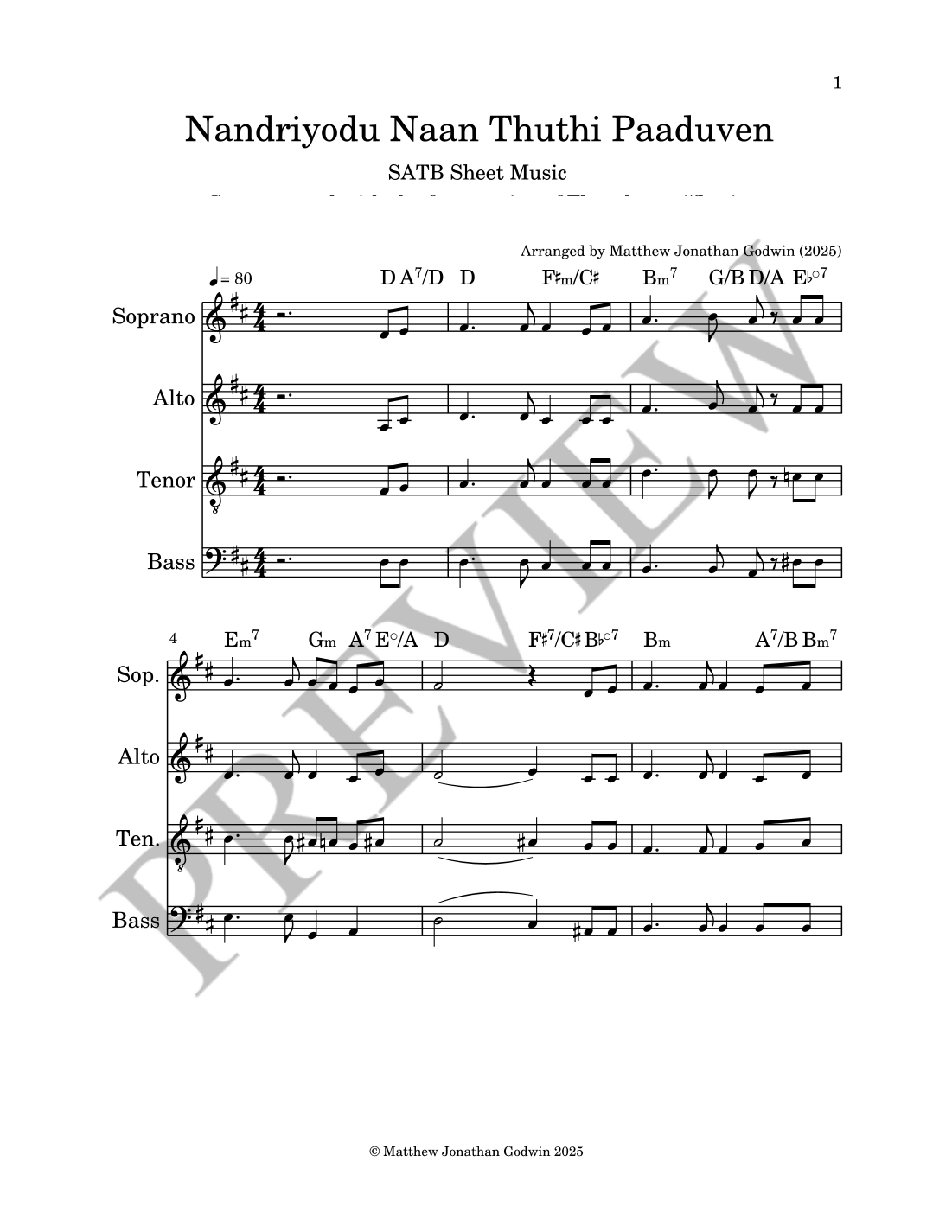 Nandriyodu Naan Thuthi Paaduven - 4 Part SATB Sheet Music + Piano Score ...