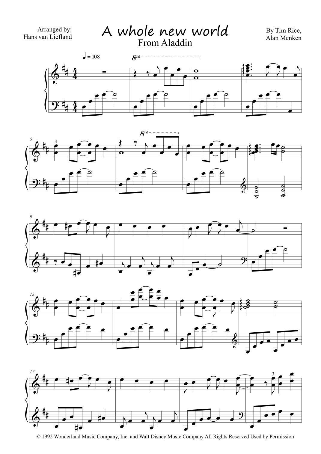 A Whole New World (arr. Hans van Liefland) by Tim Rice Sheet Music for Piano Solo at Sheet Music ...