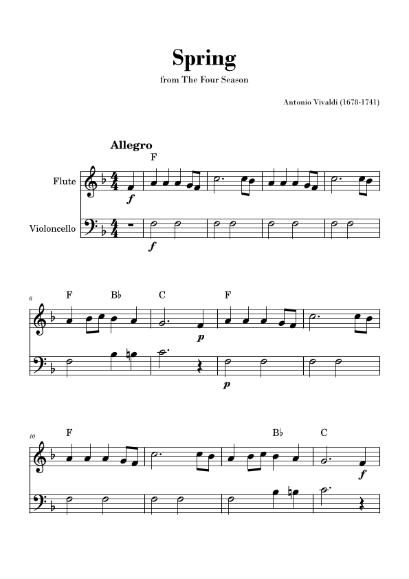 Spring from 'The Four Seasons' by Vivaldi - Easy Flute and Cello Duet ...