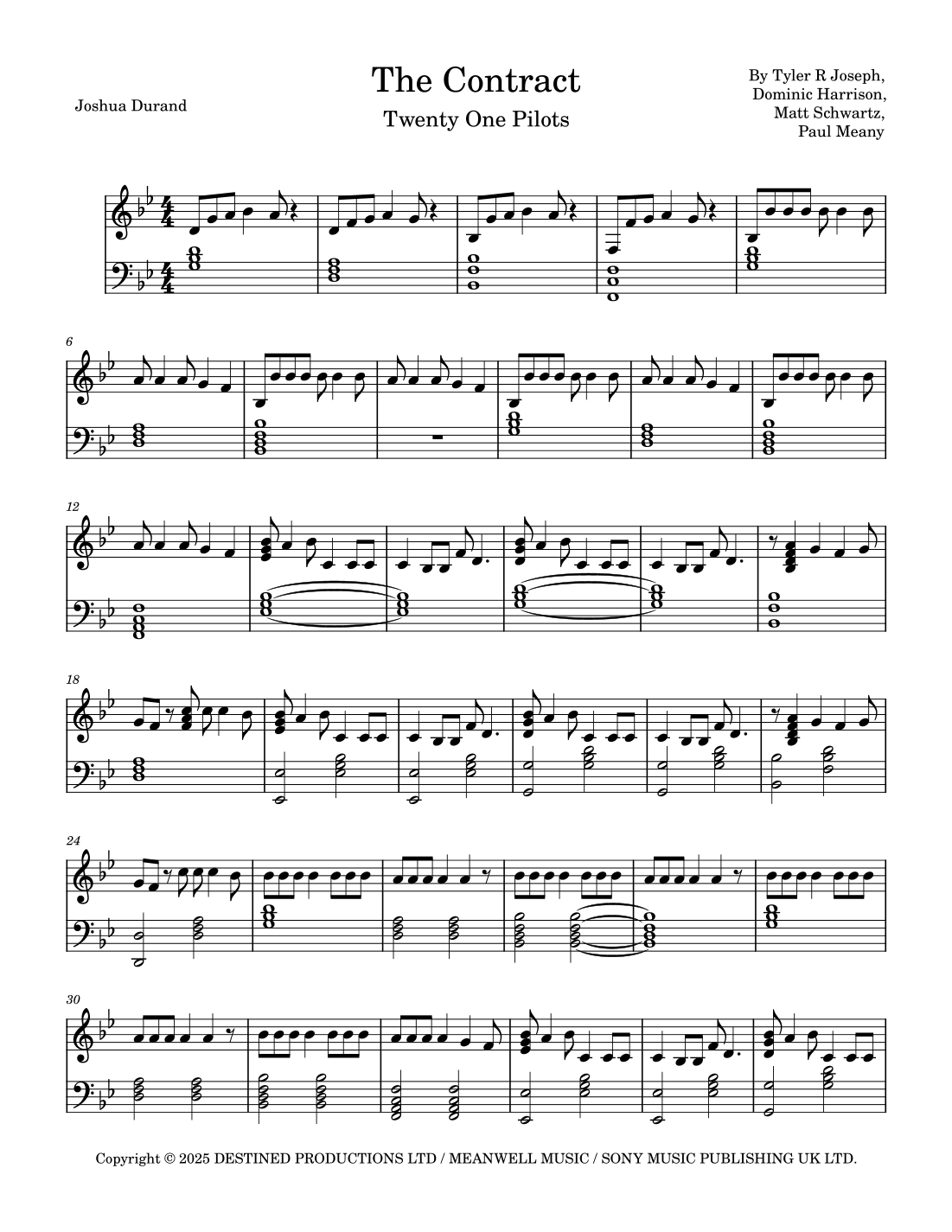 The Contract (arr. Joshua Durand) by Twenty One Pilots Sheet Music for ...