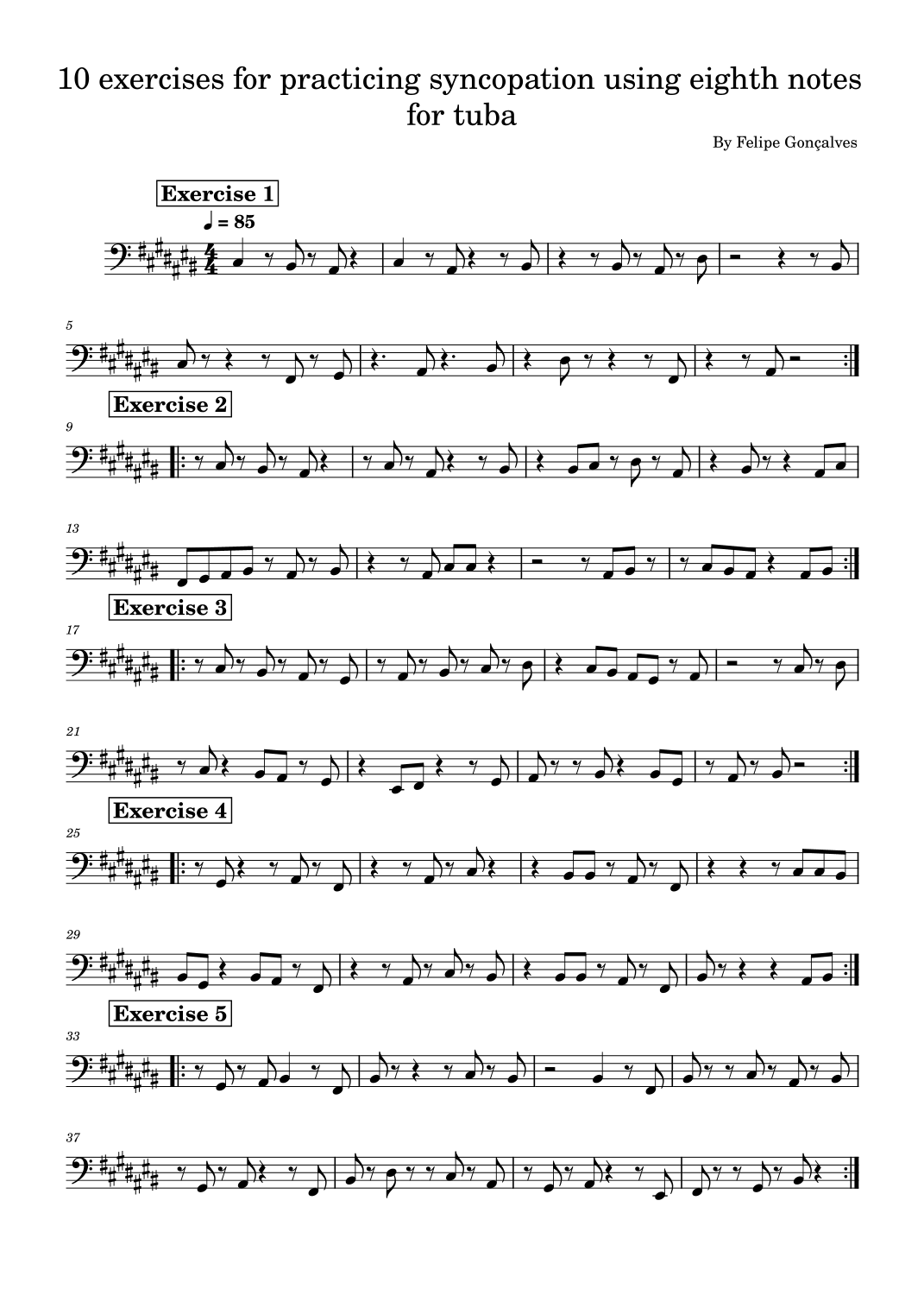 10 exercises for syncopation using eighth notes for tuba in C# major ...