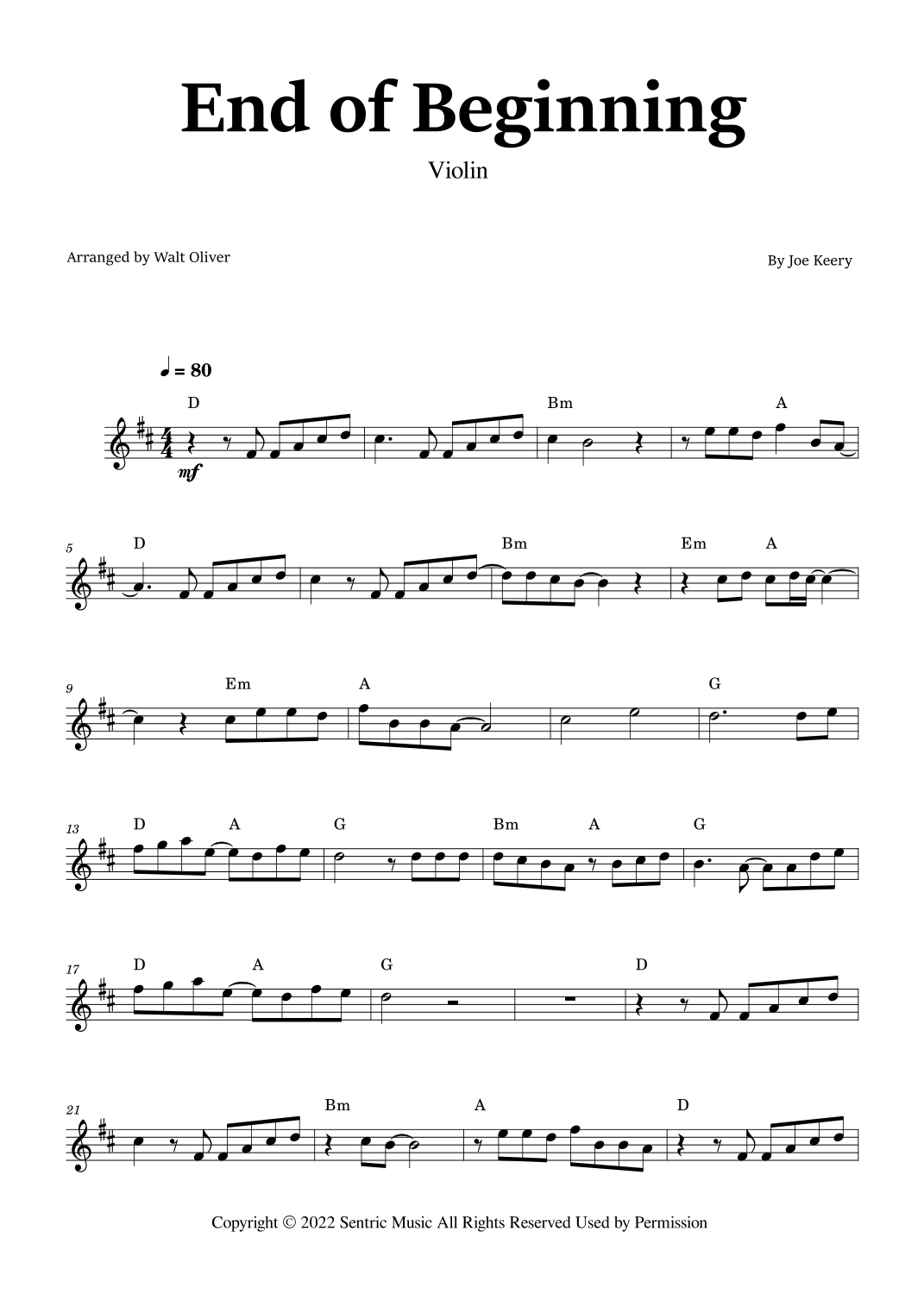 End Of Beginning (arr. Walt Oliver) by Joe Keery Sheet Music for Violin ...