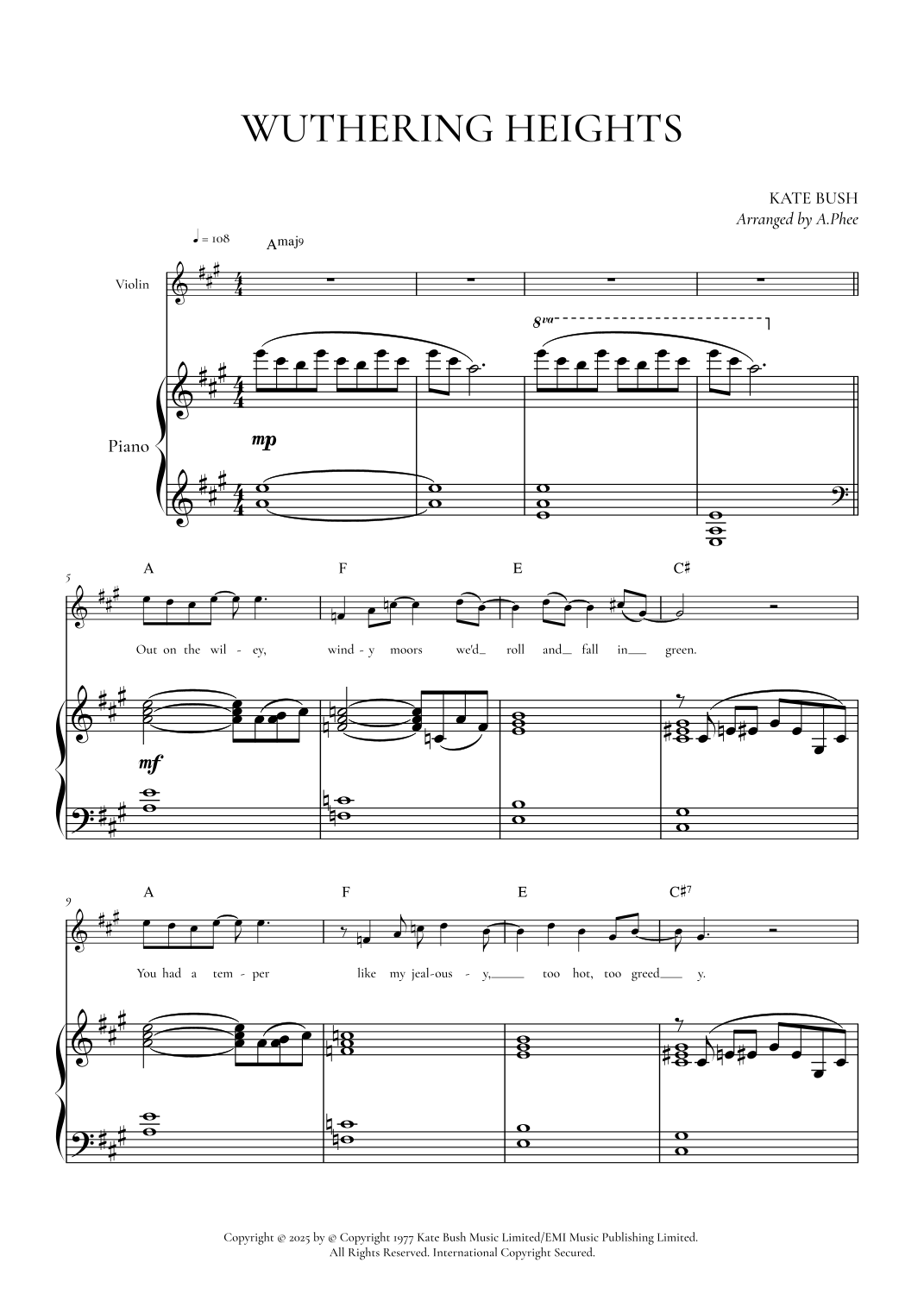 Wuthering Heights (arr. Phee) by Kate Bush Sheet Music for Violin and ...