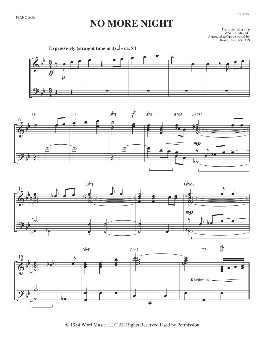 No More Night (arr. Ken Litton) by Walt Harrah Sheet Music for Piano ...