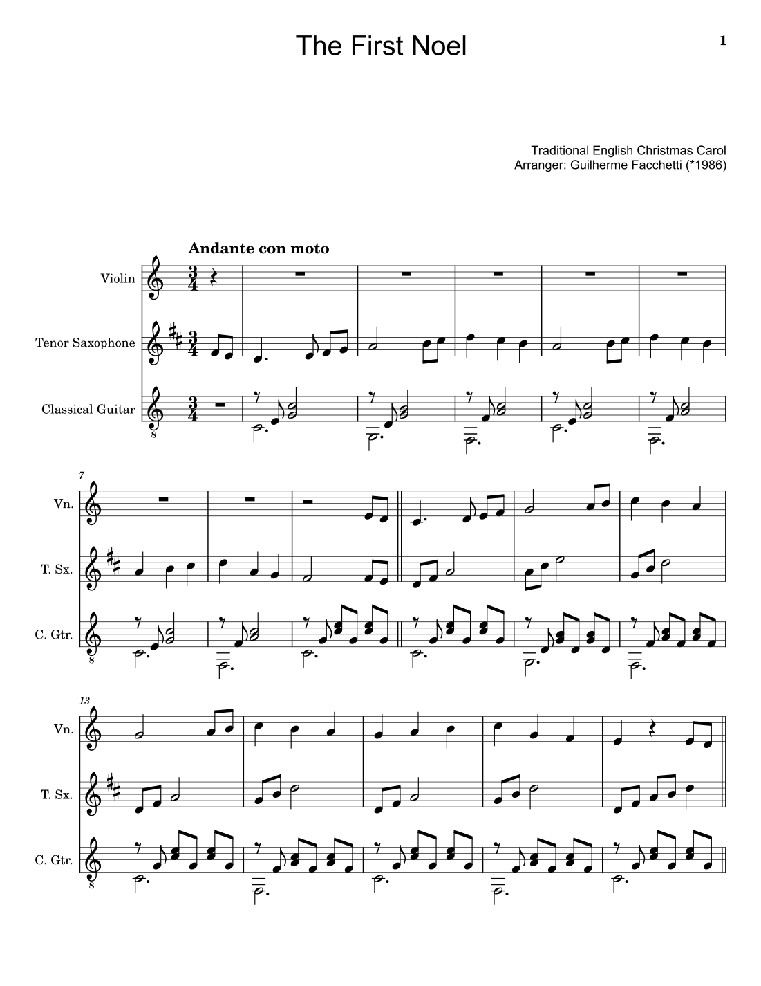 The First Noel - Violin, T. Sax. and Guitar. With Parts. by Traditional ...