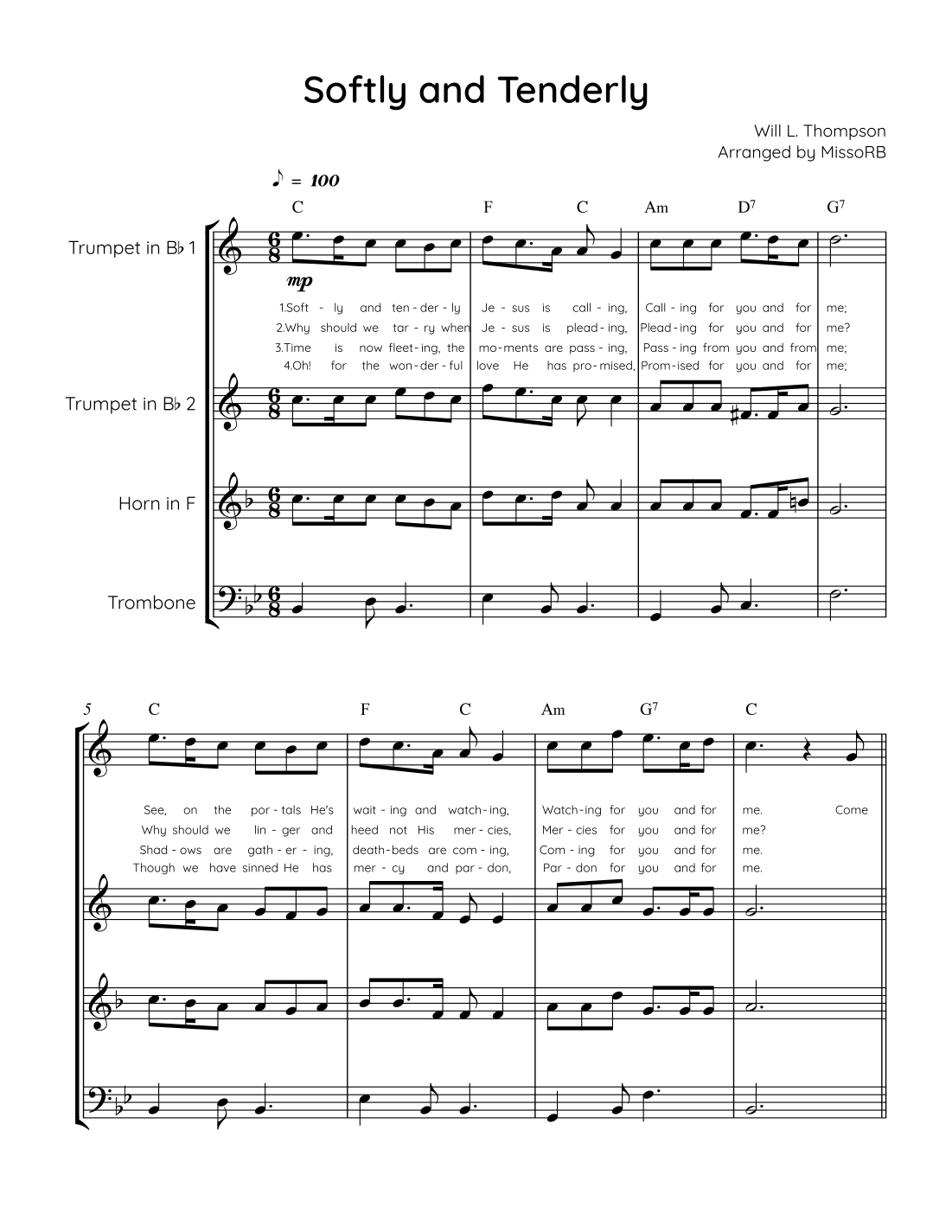 Softly and Tenderly - Brass Quartet in Bb With Chords & Lyric - Easy ...