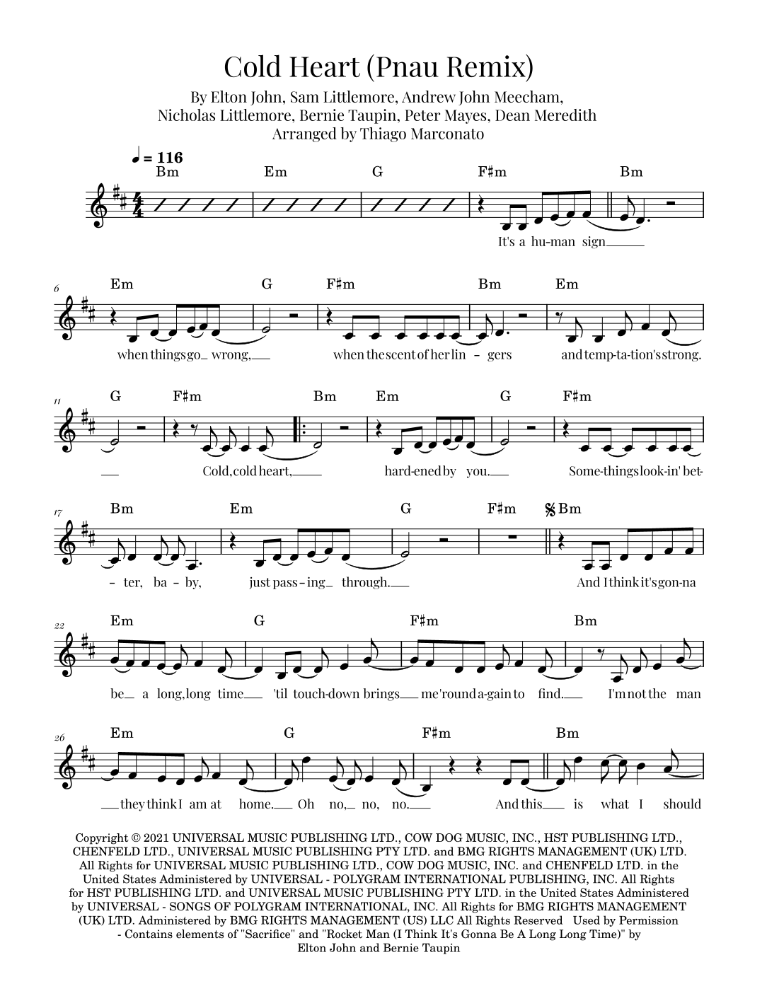 Cold Heart (Pnau Remix) (arr. Thiago Marconato) by Elton John & Dua ...