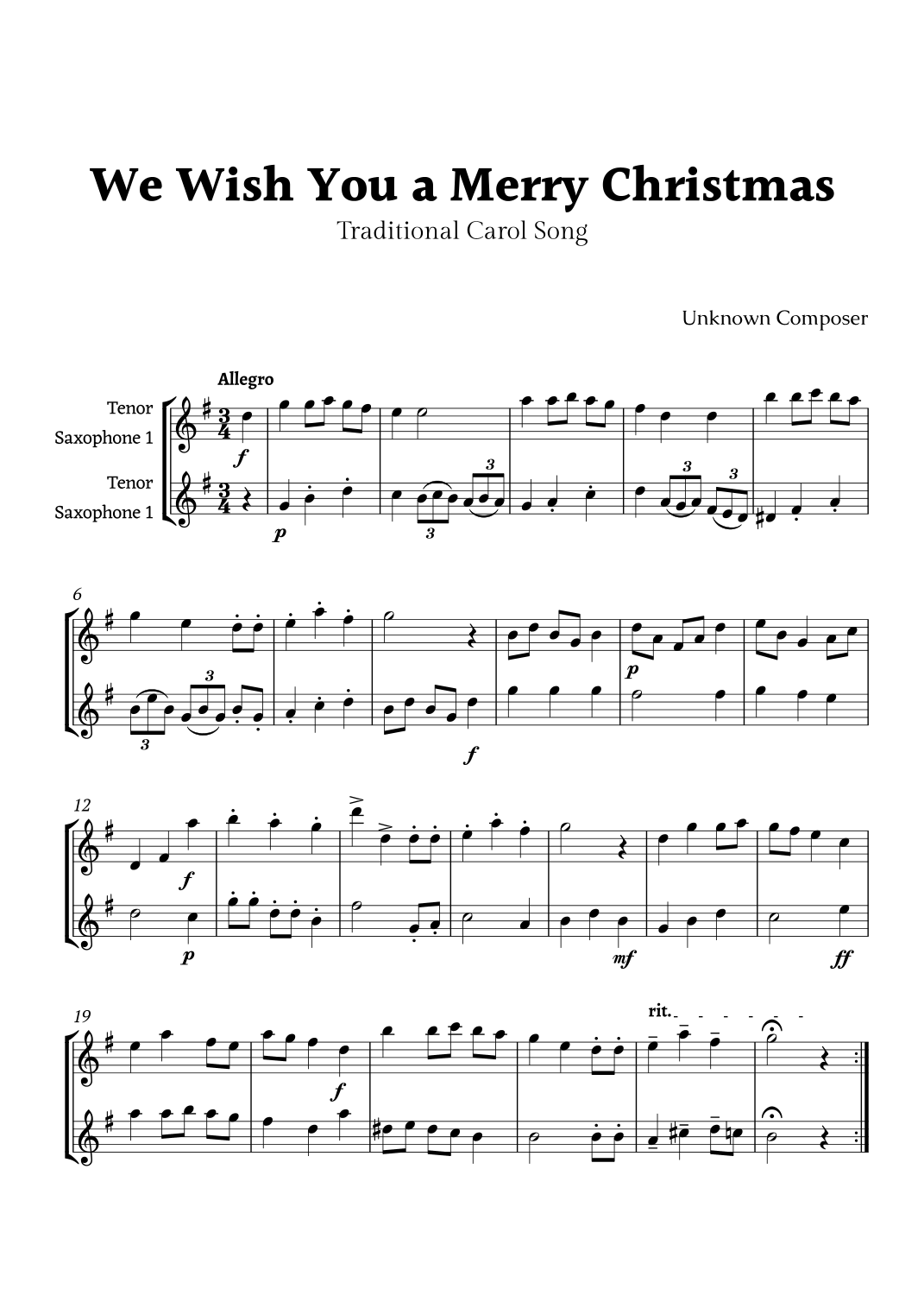 We Wish you a Merry Christmas for Tenor Sax Duet (arr. Rika K.) Sheet ...