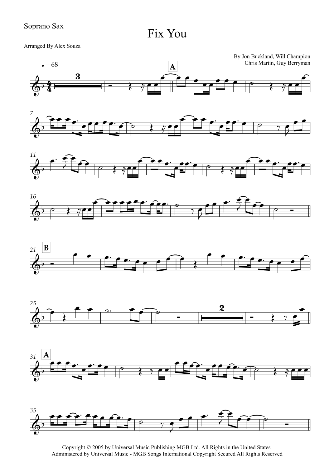 Fix You (arr. Alex Souza) by Coldplay Sheet Music for Soprano Sax Solo ...