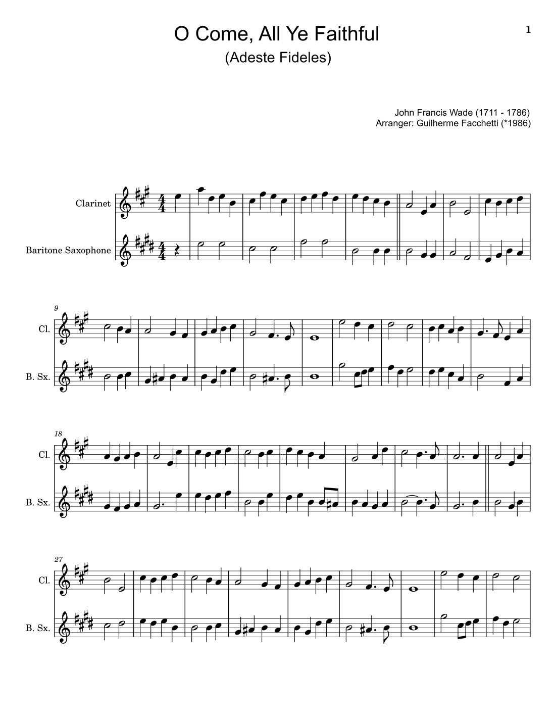 O Come, All Ye Faithful - Arranged for Clarinet and B. Sax. (arr ...