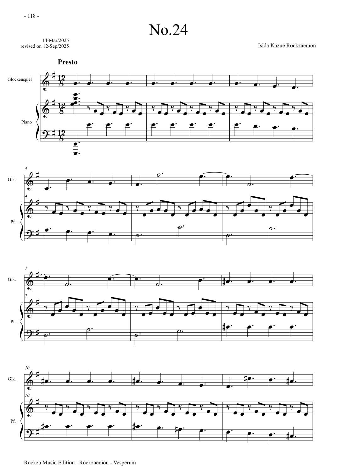 Prelude for Glockenspiel and Piano, "Vesperum" No.24 by Isida Kazue ...