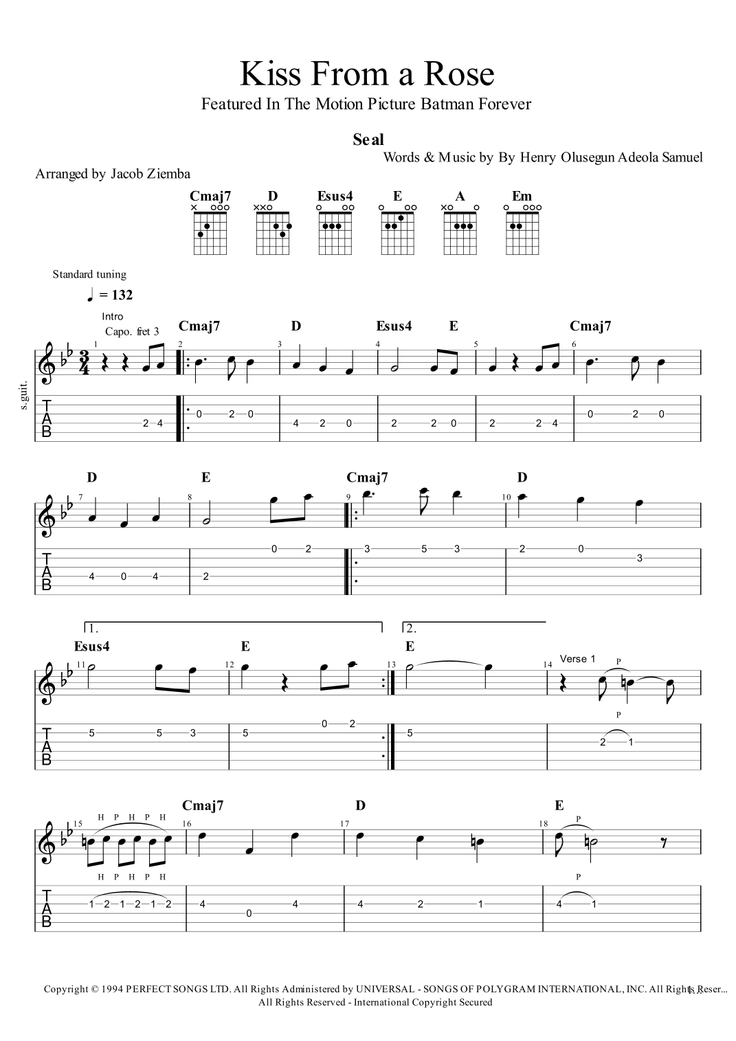 Kiss From A Rose (arr. Jacob Ziemba) by Seal Sheet Music for Easy ...