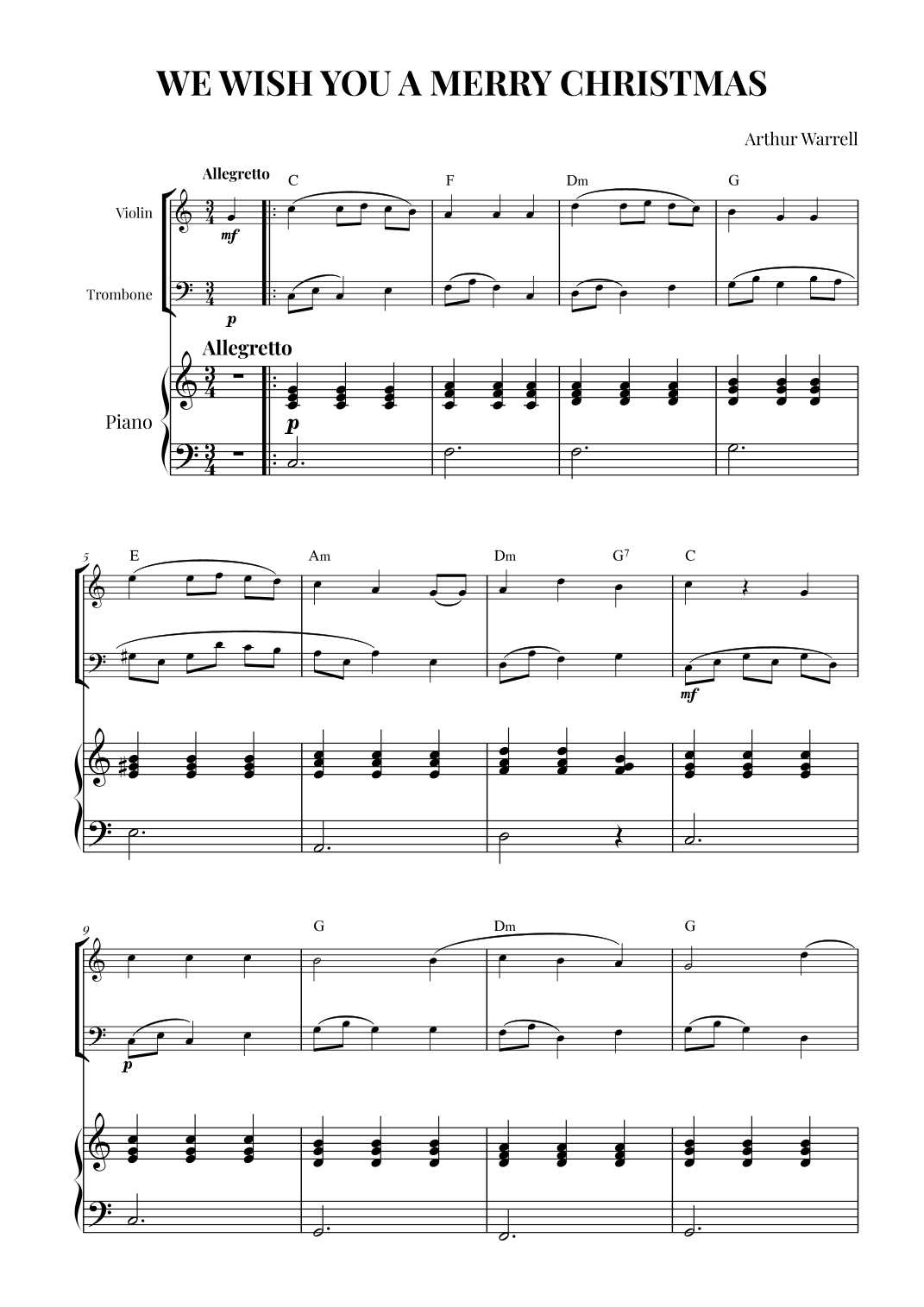 We Wish You a Merry Christmas - for Violin, Trombone and Piano (with ...