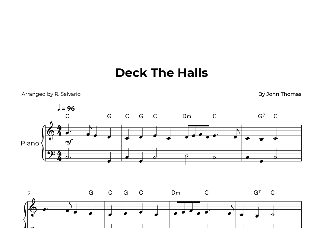 Deck The Halls - Easy Piano (arr. R. Salvario) by John Thomas Sheet ...