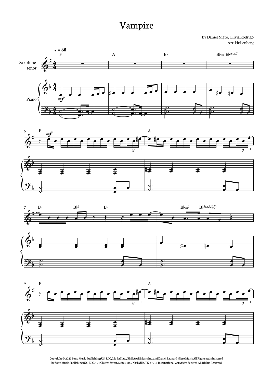Vampire (arr. Heisenberg) by Olivia Rodrigo Sheet Music for Tenor Sax ...
