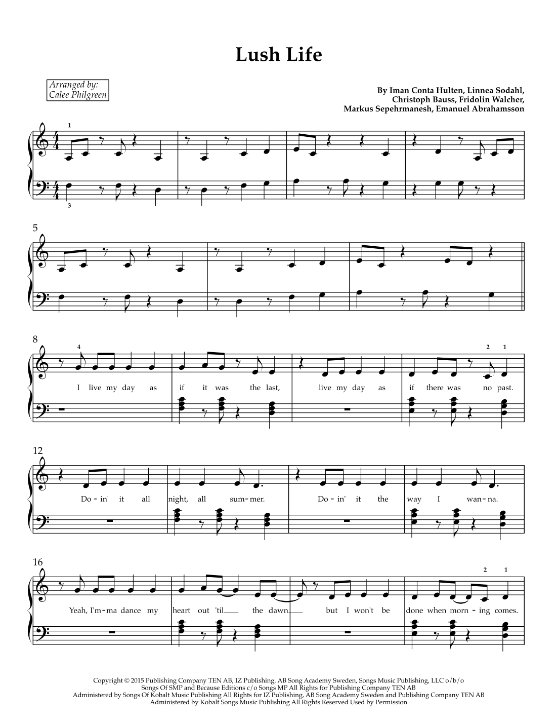 Lush Life (arr. Calee Philgreen) by Zara Larsson Sheet Music for Easy ...
