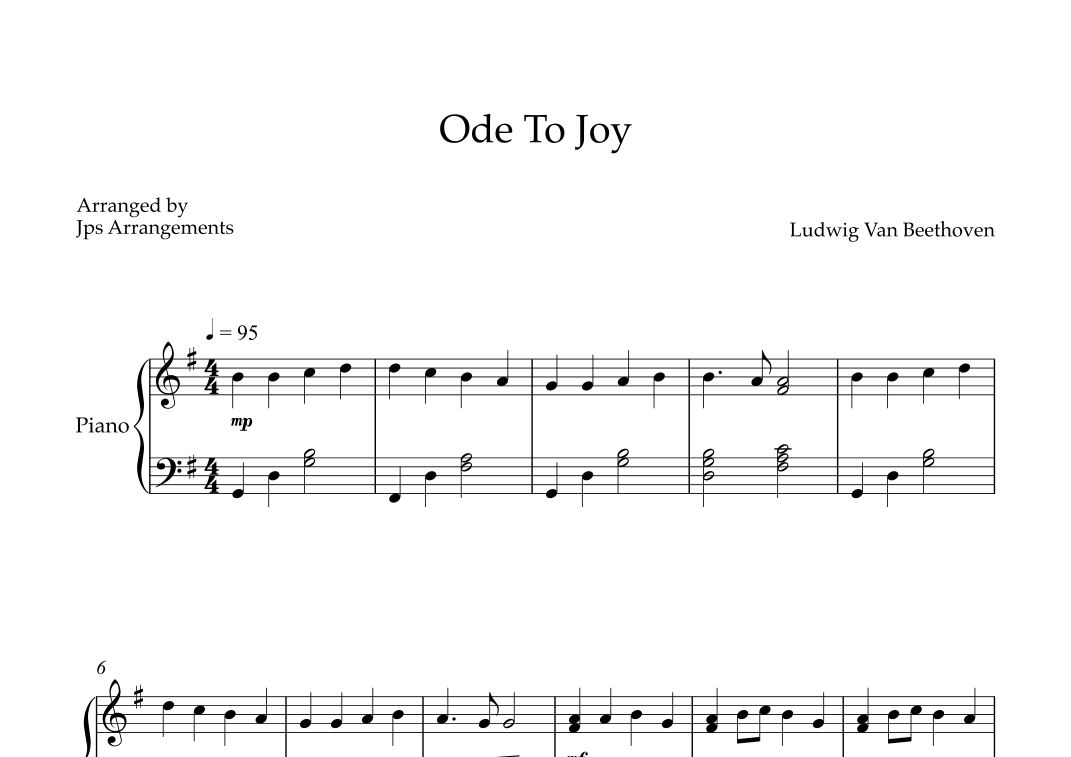 Ode to Joy - intermediate piano in G (arr. Jps Arrangements) by Ludwig ...