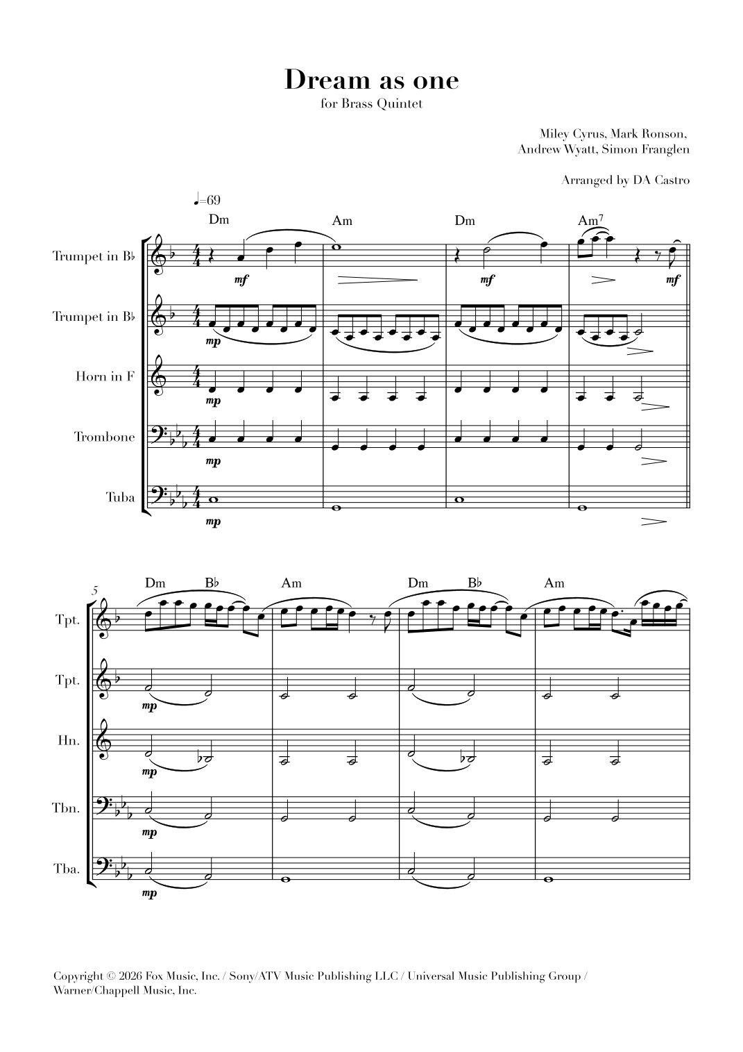 Dream As One (arr. DA Castro) por Miley Cyrus Partituras para Conjunto ...