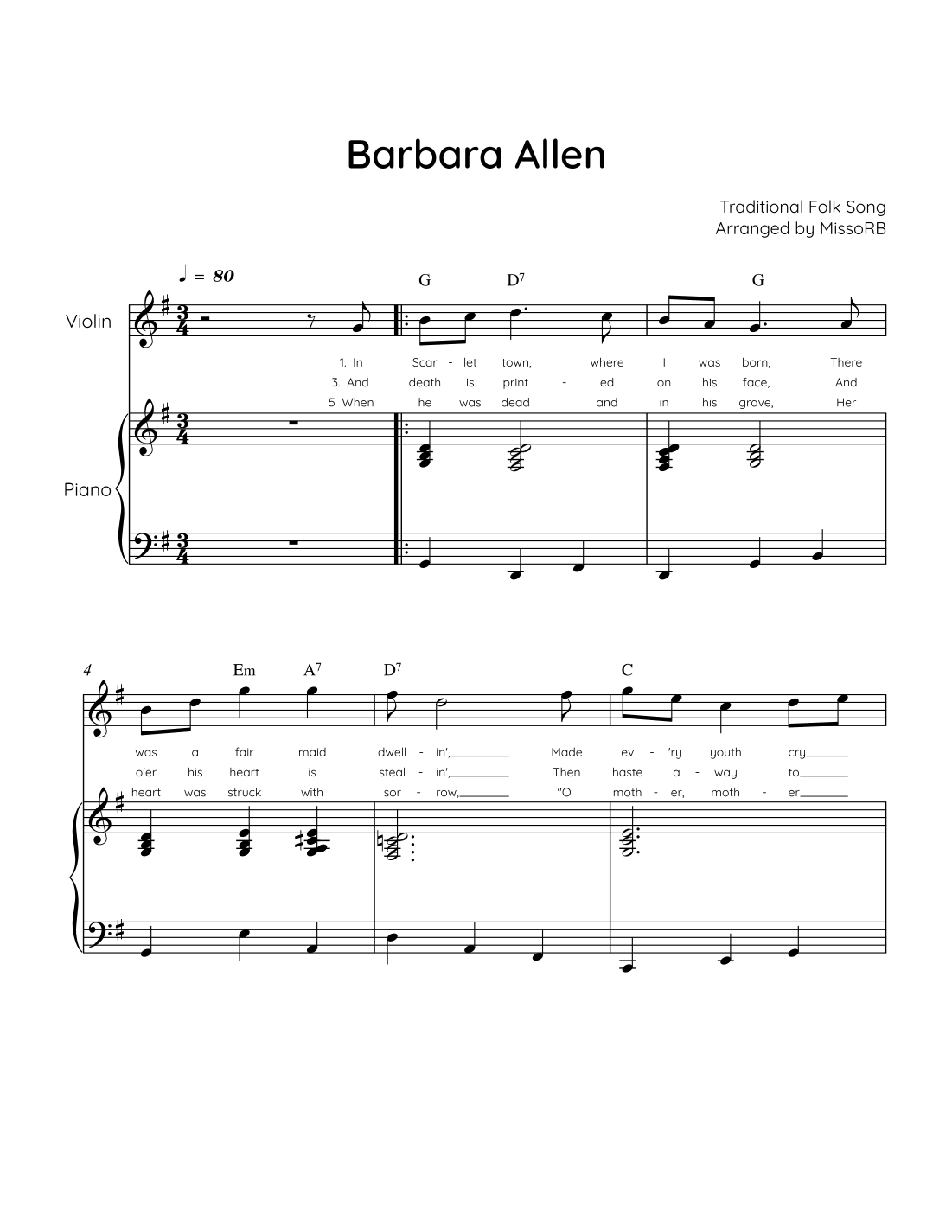 Barbara Allen - Violin & Piano in G With Lyric & Chords - Easy (arr ...