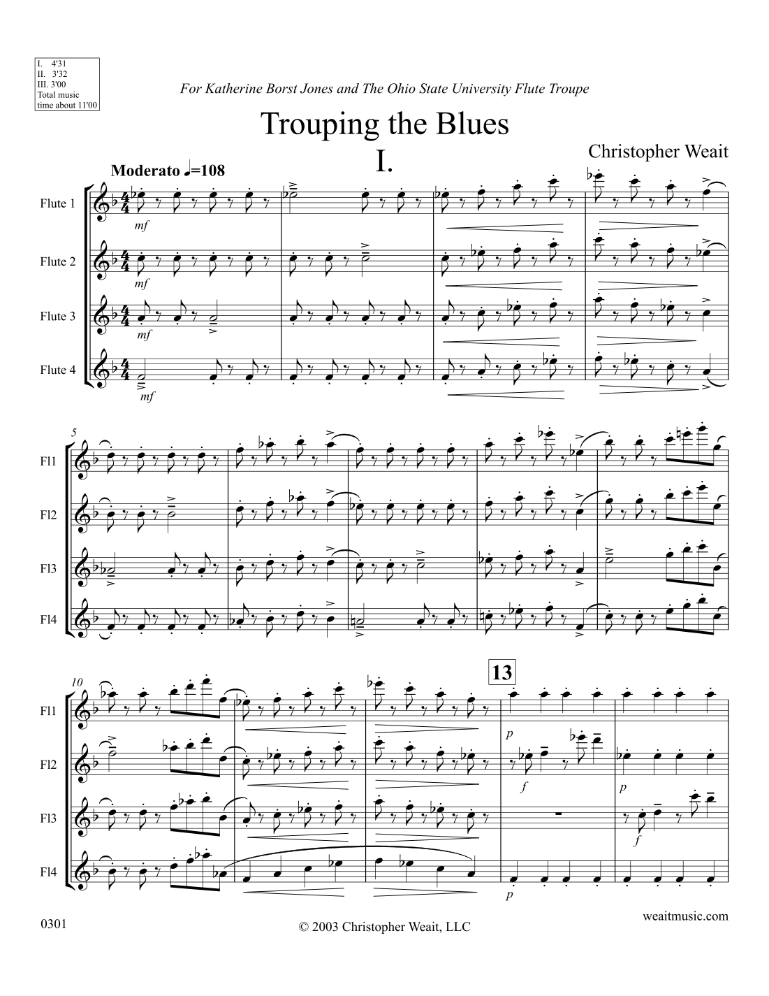 Trouping the Blues for 4 flutes (11’03) by Christopher Weait Sheet ...