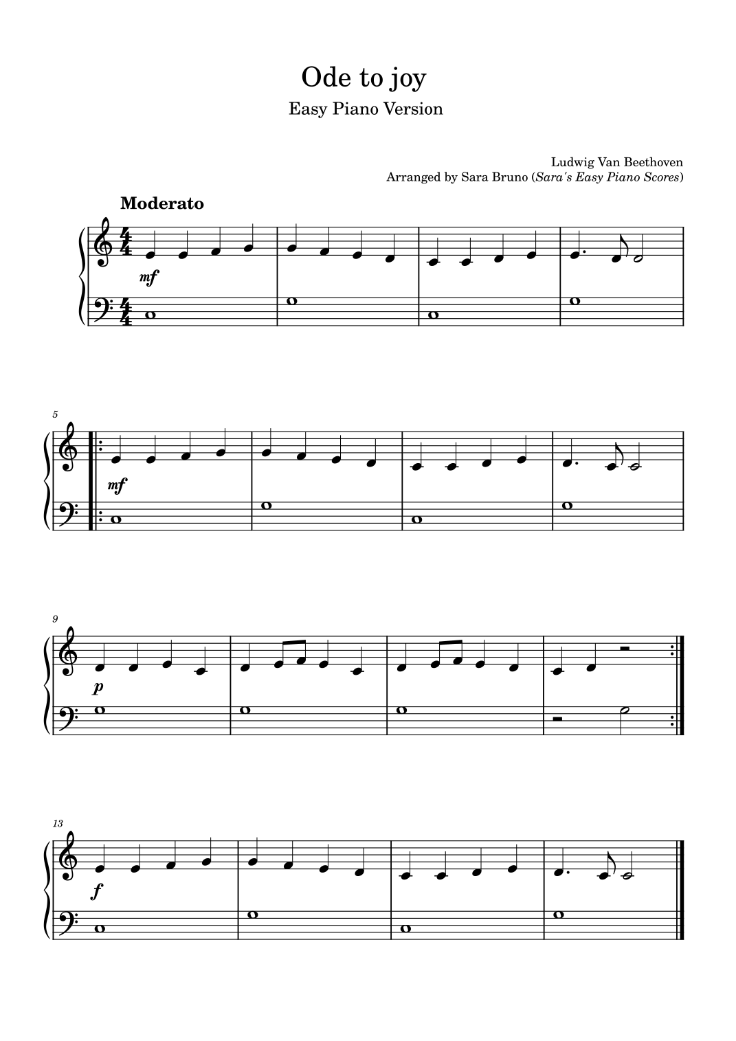 Ode to Joy - Beethoven (Easy Piano - Big Notes) (arr. Sara Bruno (Sara ...
