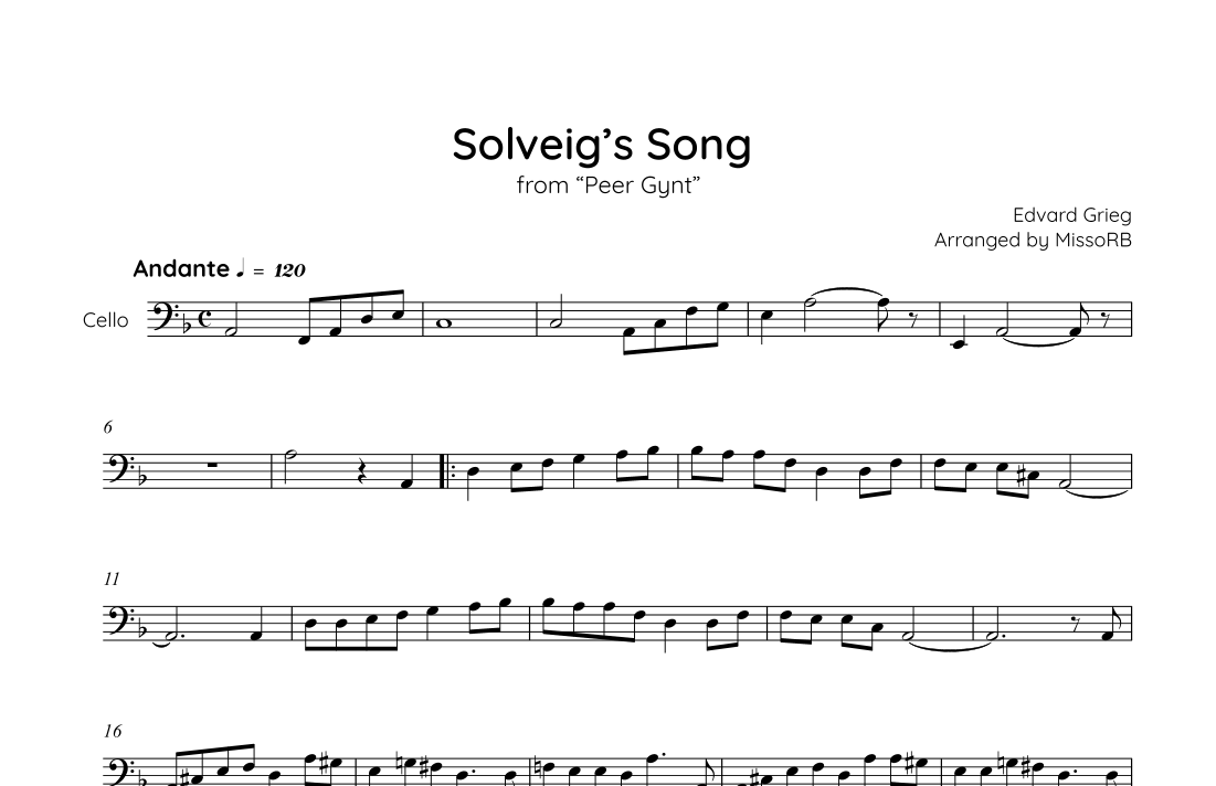 Solveig's Song (from Peer Gynt) - Cello in F - Easy (arr. MissoRB) par ...