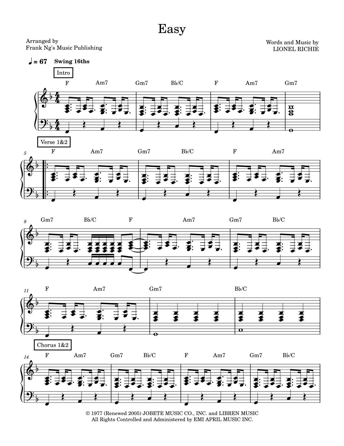 Easy (arr. Frank Ng's Music Publishing) by The Commodores Sheet Music ...