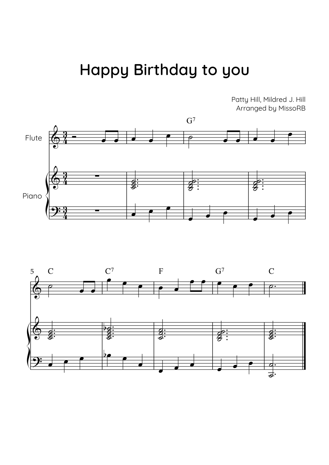 Happy Birthday to you - Flute & Piano in C With Chords - Easy (arr ...