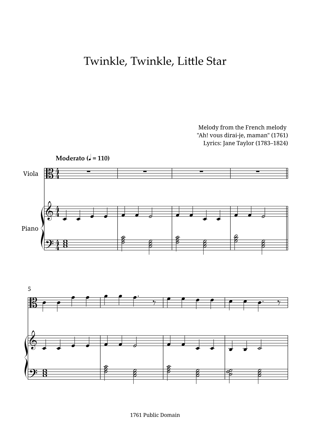 Twinkle, Twinkle, Little Star – Viola and Piano (C major) (arr. D. M ...