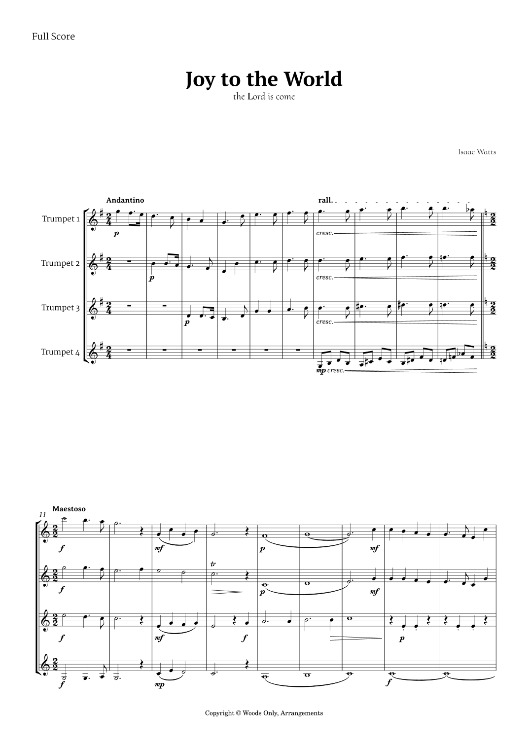 Joy to the World by for Trumpet Quartet (arr. Ander) by Lowell Mason ...