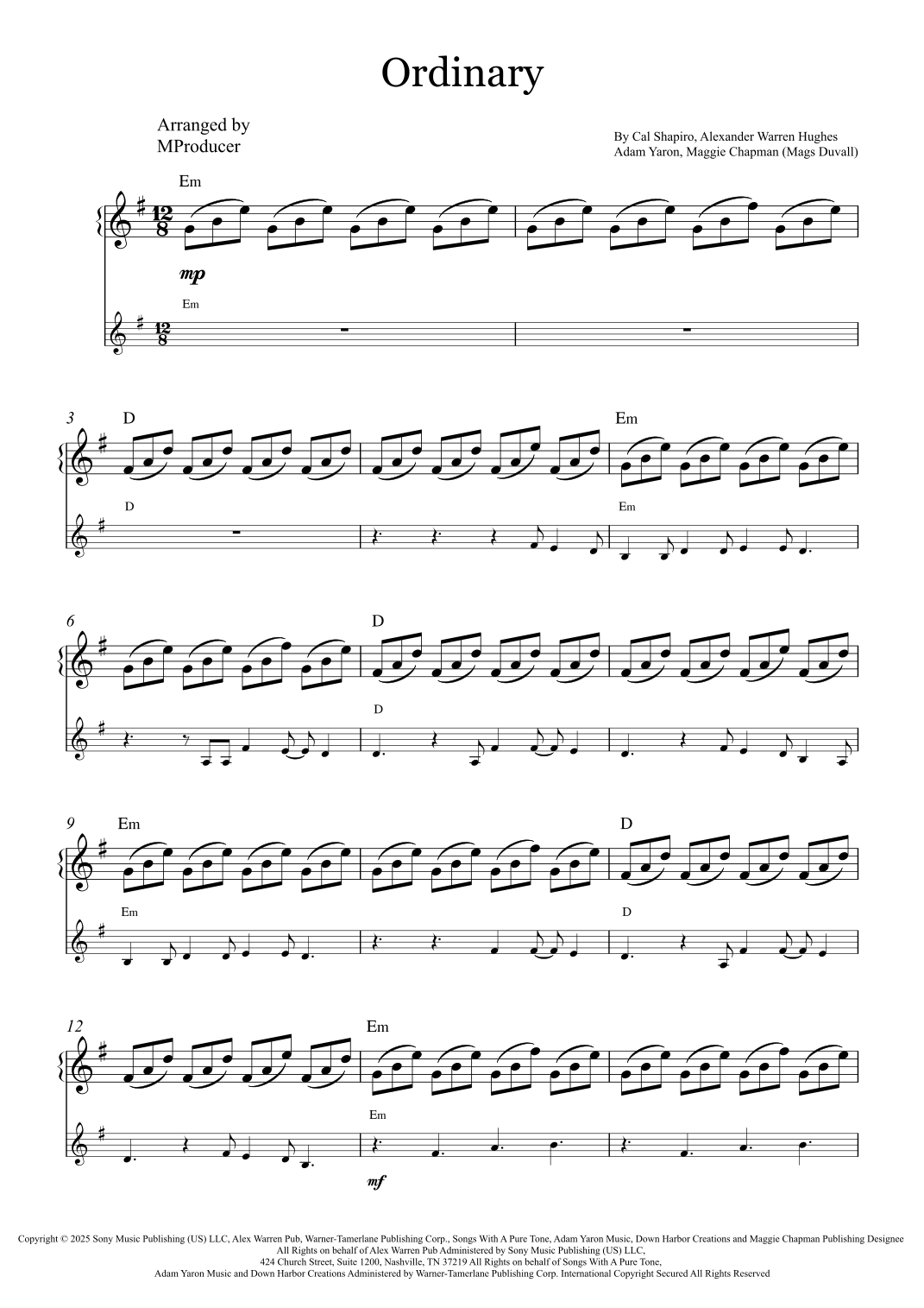 Ordinary (arr. MProducer) by Alex Warren Sheet Music for Easy Piano at ...
