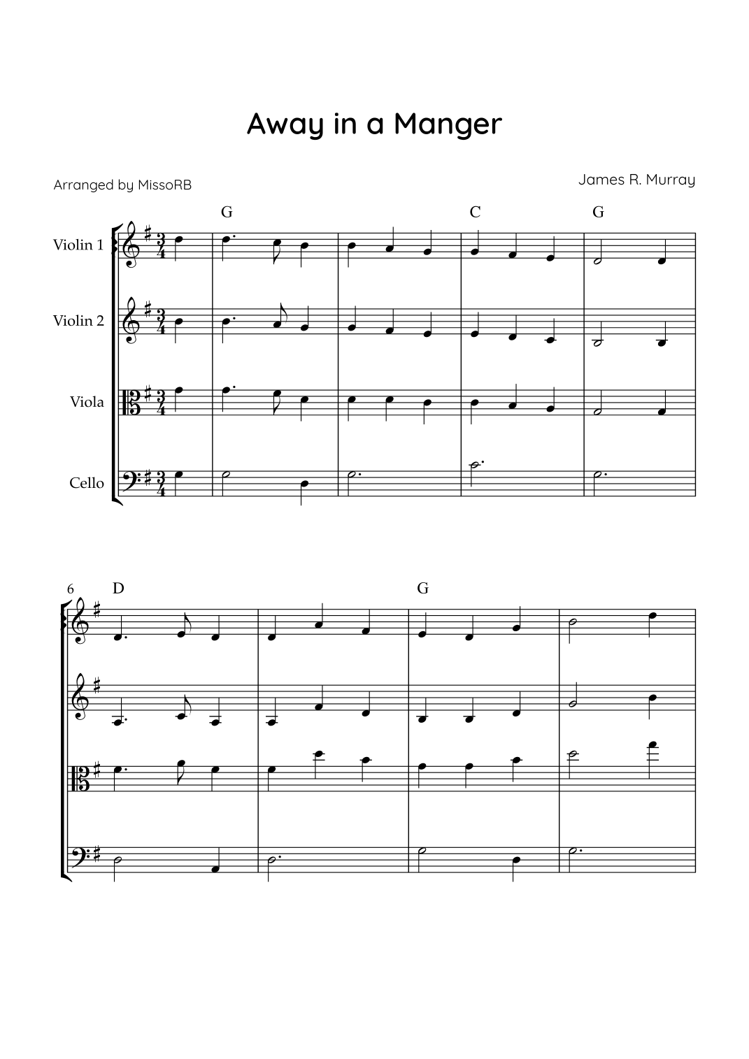 Away In A Manger Brass Quartet In G Major With Chords Easy Arr