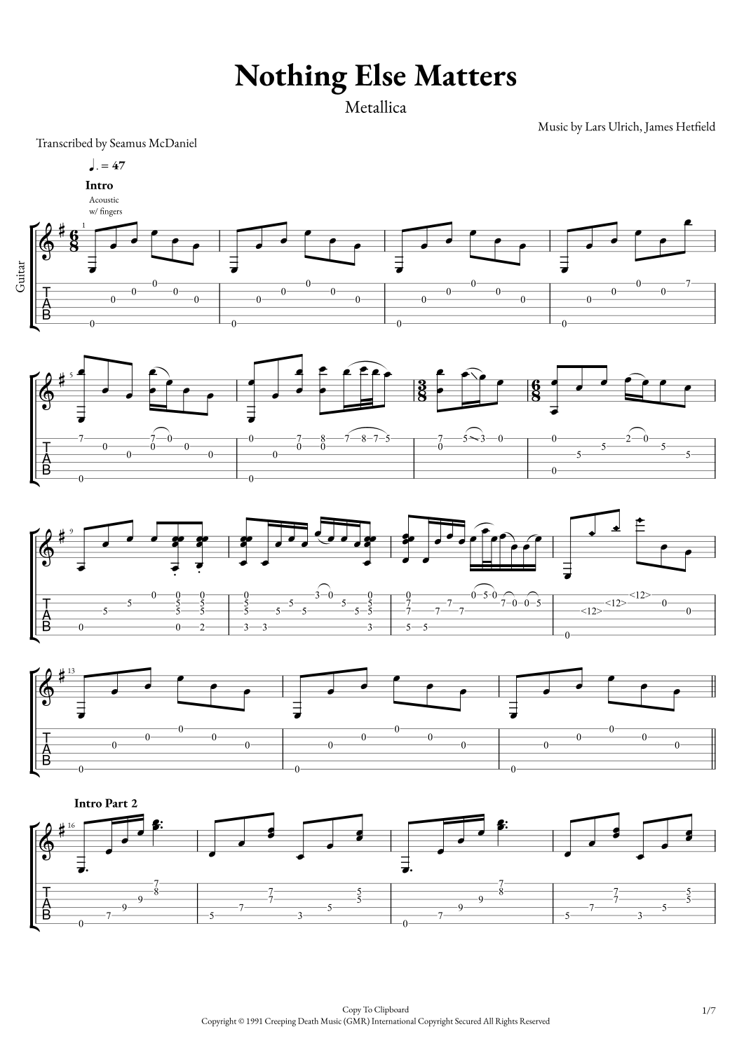 Nothing Else Matters (arr. Seamus McDaniel) by Metallica Sheet Music ...