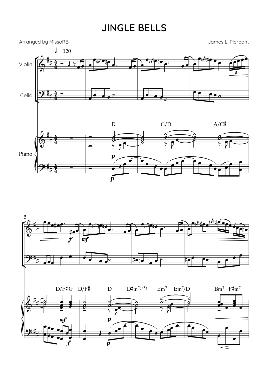 Jingle Bells - Violin, Cello & Piano in D Major (Advanced With Chords) (arr. MissoRB) by James L ...