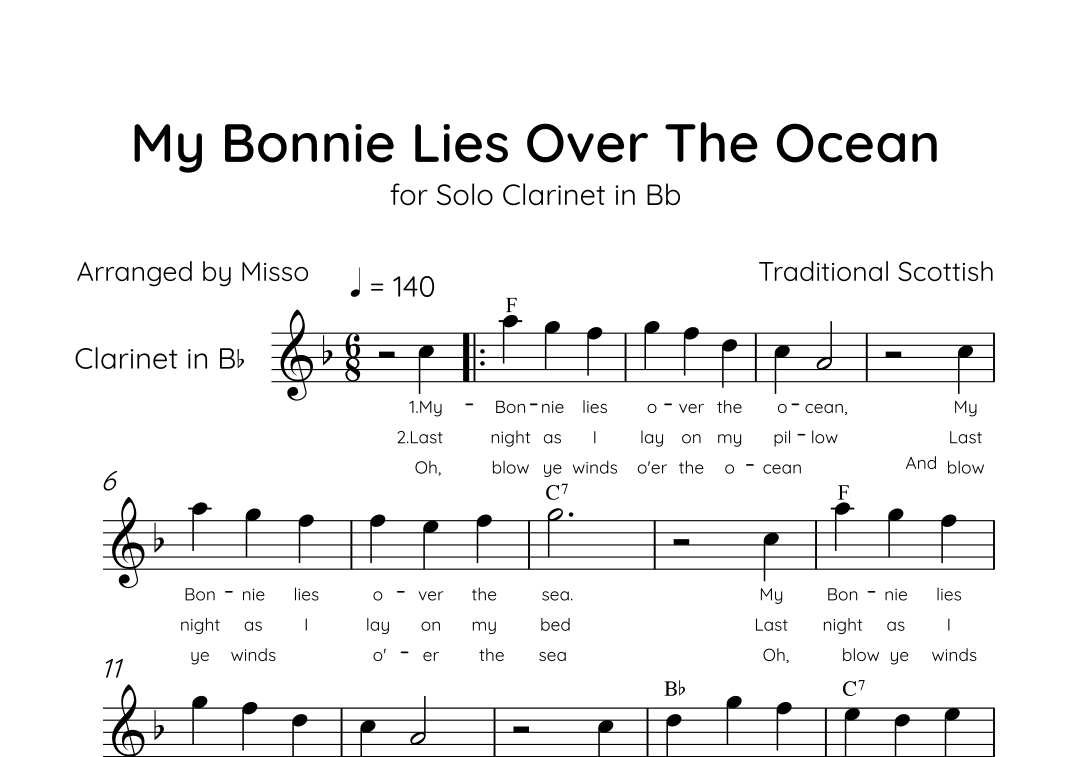 My Bonnie Lies Over The Ocean - Solo Clarinet Bb in Eb Major Easy With ...