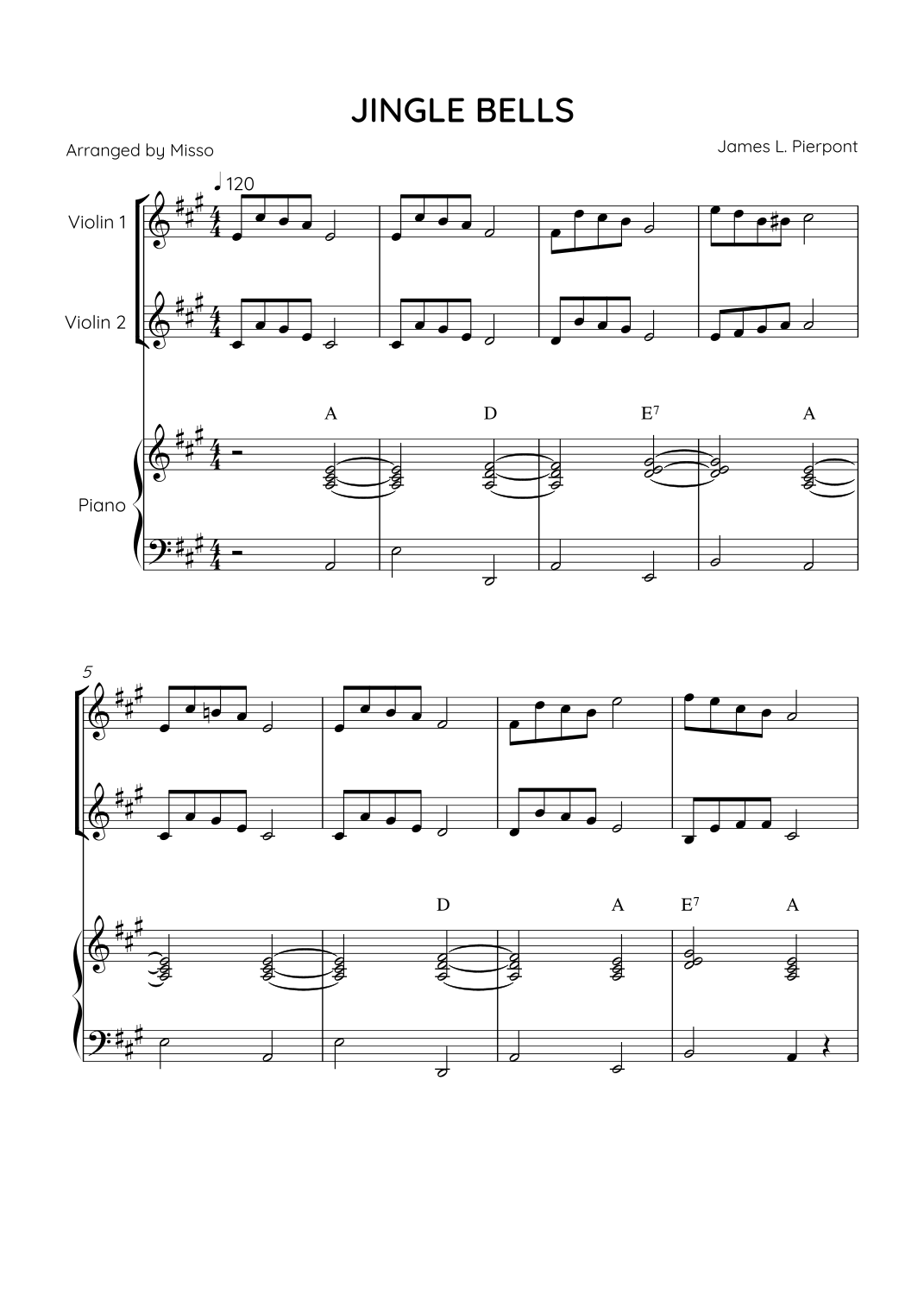 Jingle Bells - Violin Duet & Piano in A Major (Easy With Chords) (arr. MissoRB) by James L ...