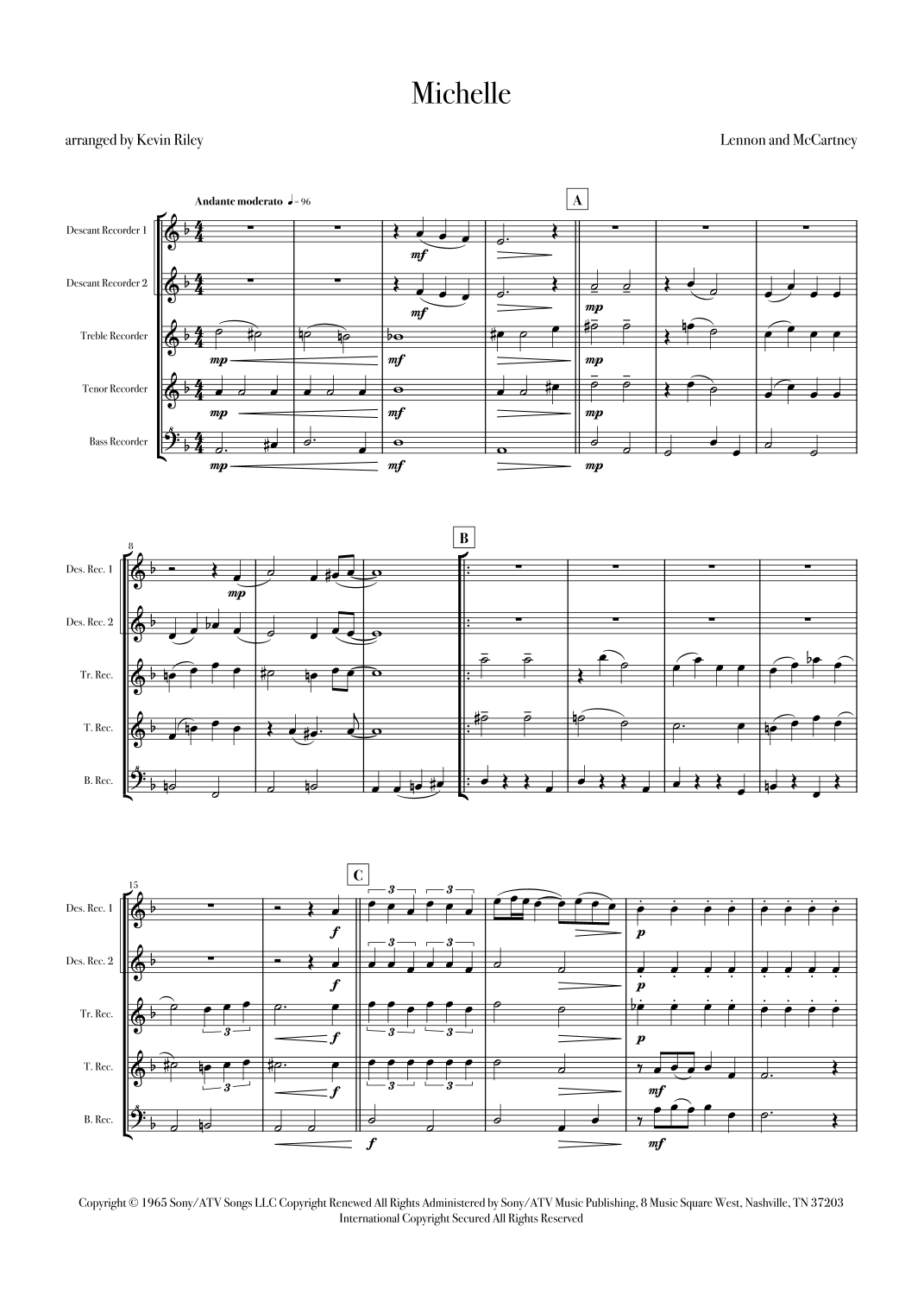Michelle (arr. Kevin Riley) by The Beatles Sheet Music for Recorder ...