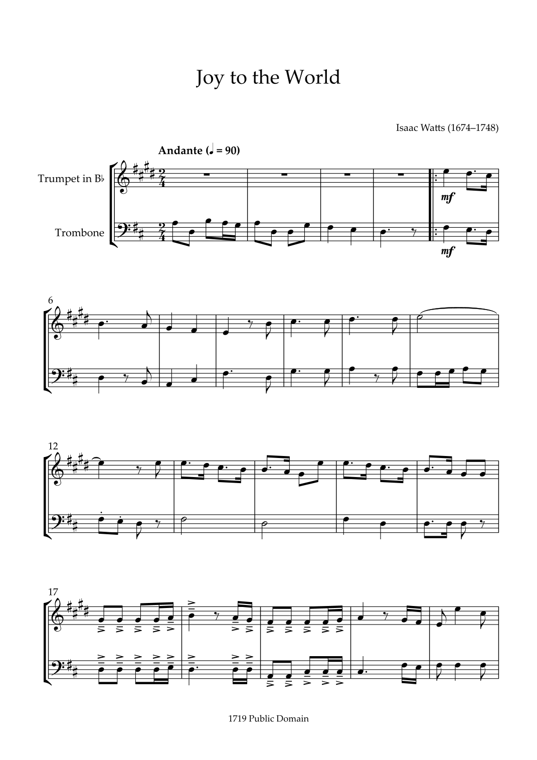 Joy to the World – Bb Trumpet and Trombone Duet (D major) (arr. D. M ...