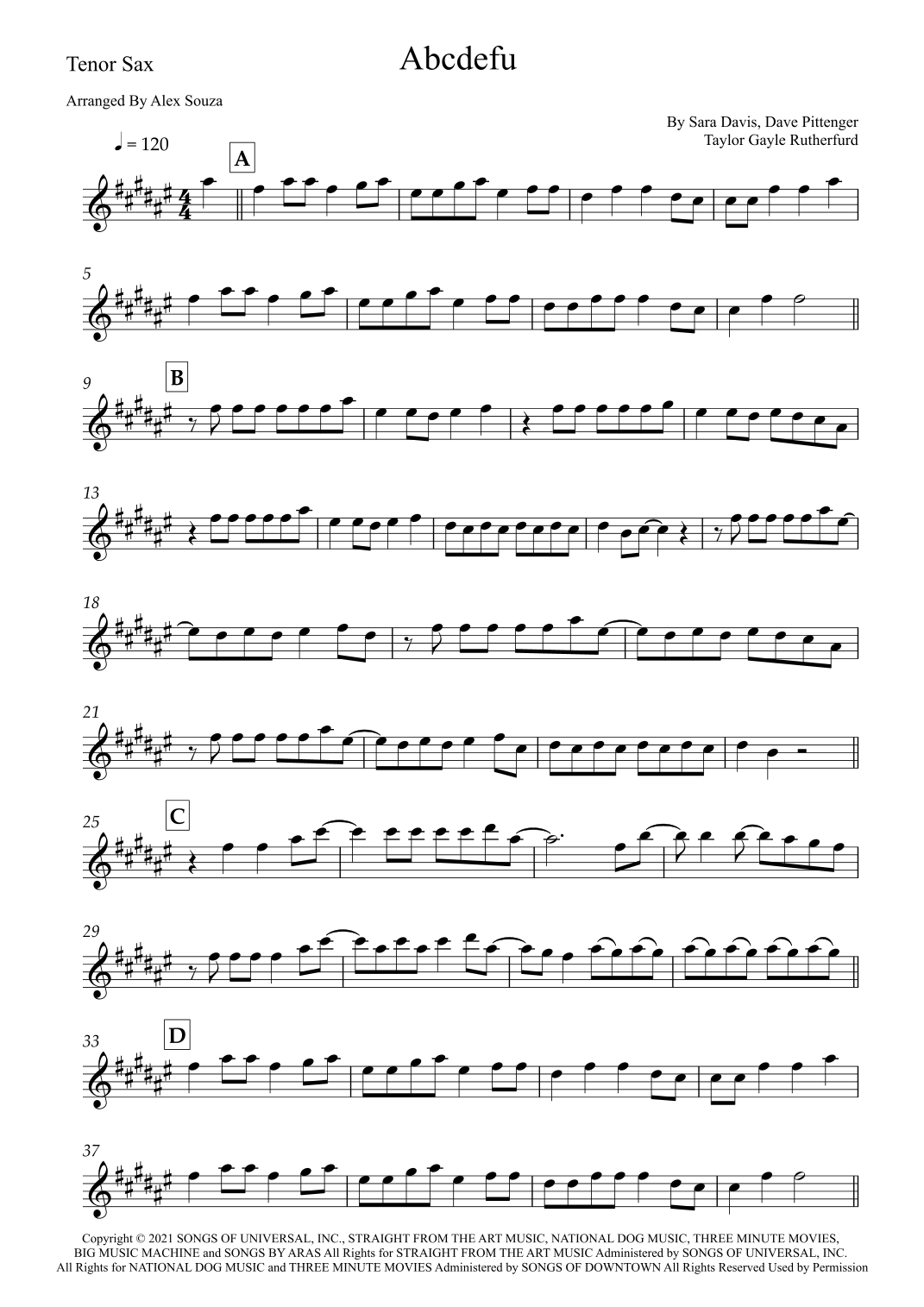 Abcdefu (arr. Alex Souza) by Gayle Sheet Music for Tenor Sax Solo at ...